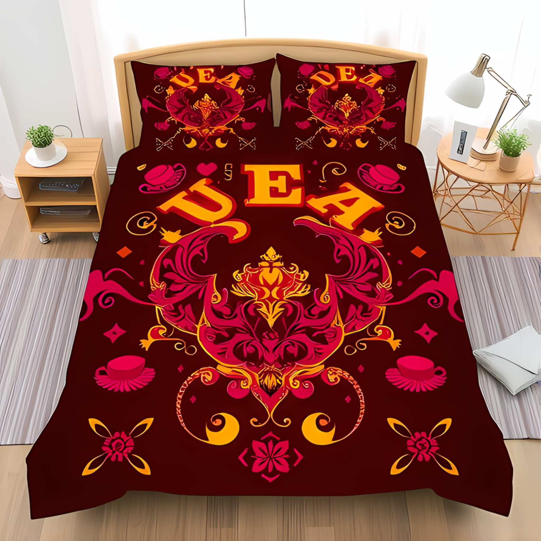 Vibrant 3-Piece Duvet Cover Set with Bold Burgundy Background Ornate ...