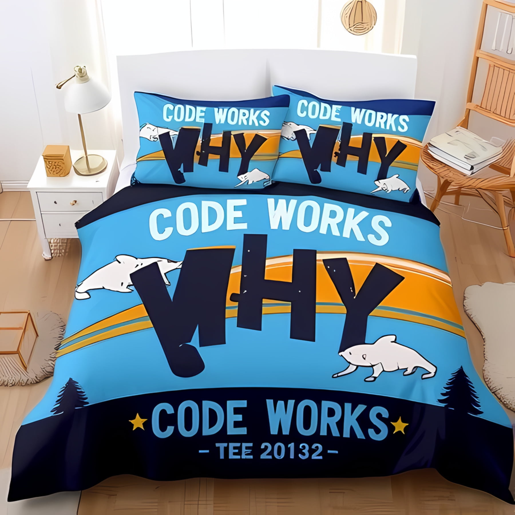 Vibrant 3-Piece Duvet Cover Set with Bold " CODE WORKS WHY " Graphic ...