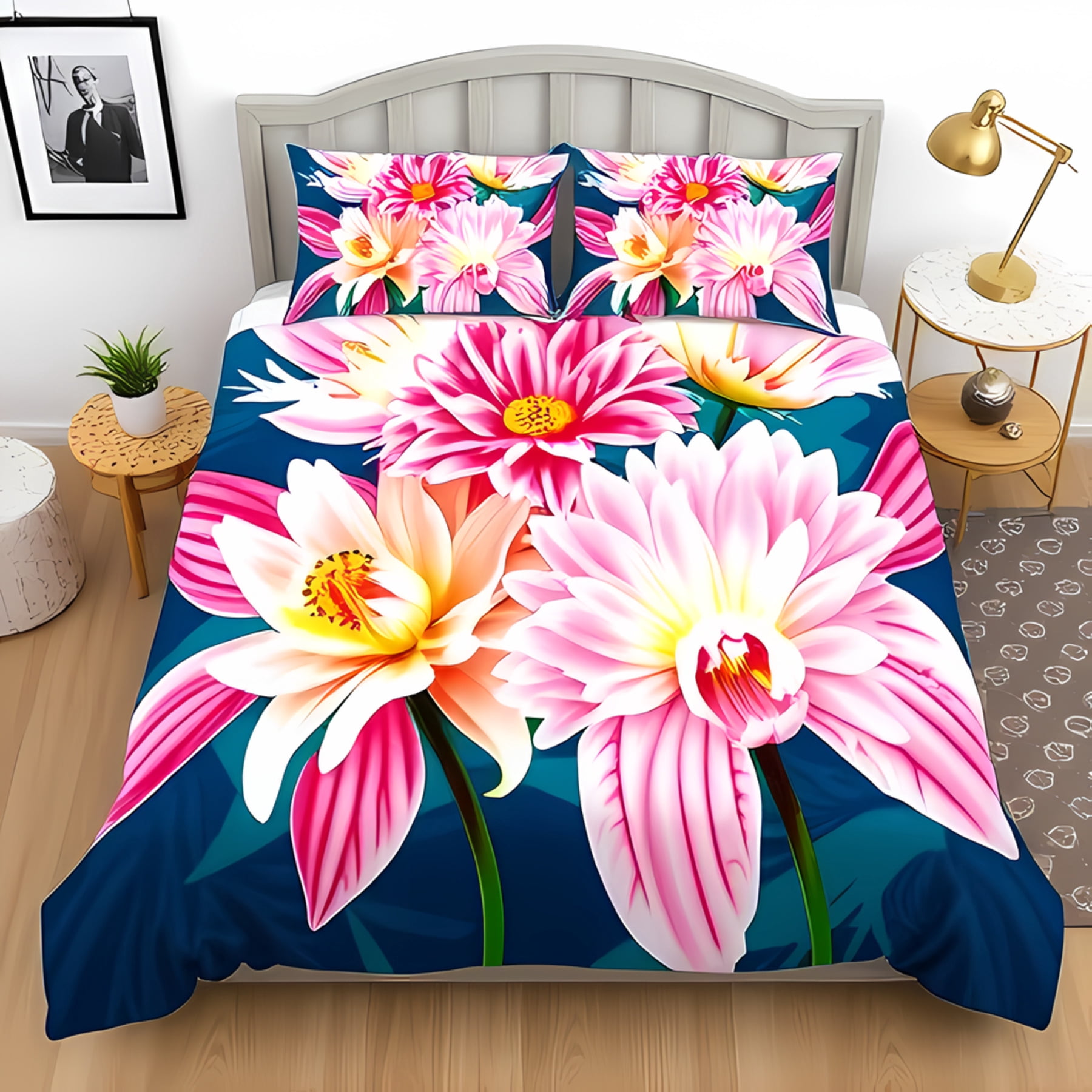 Vibrant 3-Piece Duvet Cover Set with Bold Floral Design in Pink Orange ...