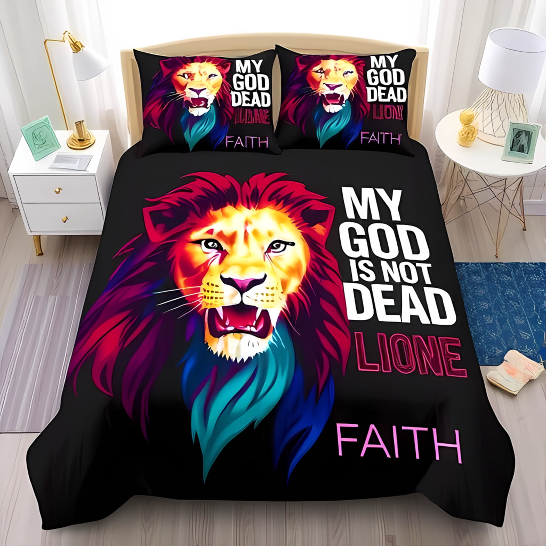 Vibrant 3-Piece Duvet Cover Set with Bold Lion Design Inspiring Slogans ...