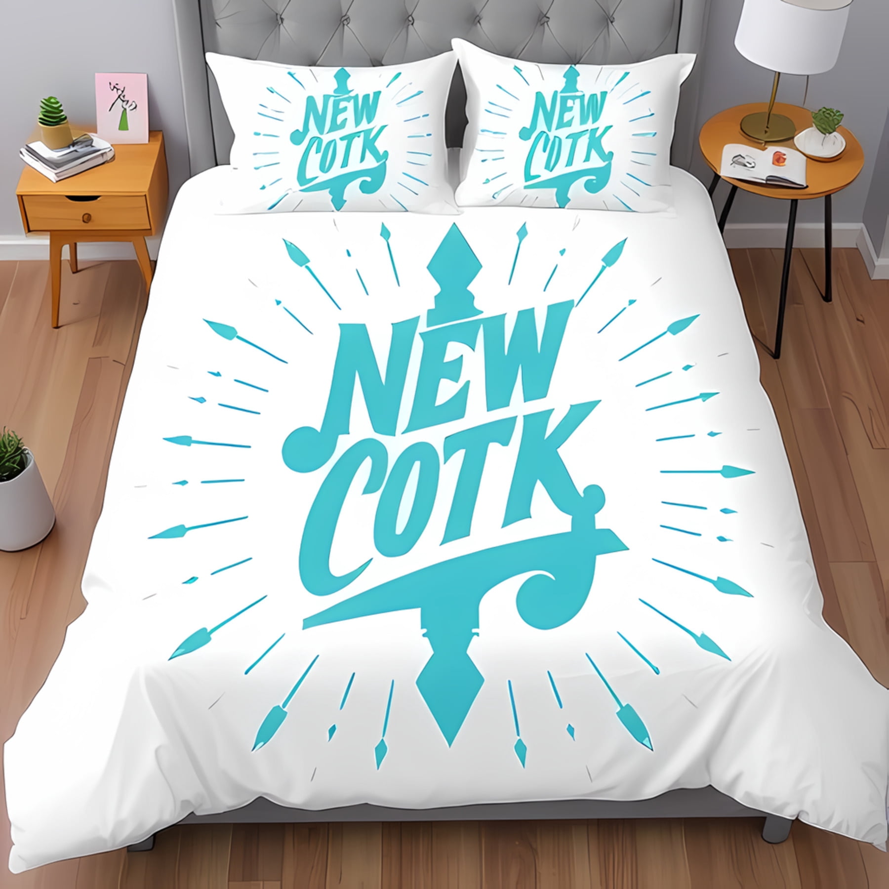 Vibrant 3-Piece Duvet Cover Set with Bold 'NEW COTK' Design on White ...