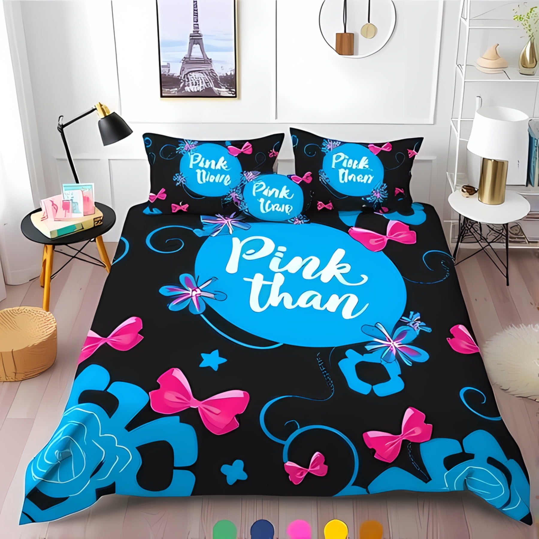 Vibrant 3-Piece Duvet Cover Set with Bold Pink Bows & Bright Blue ...