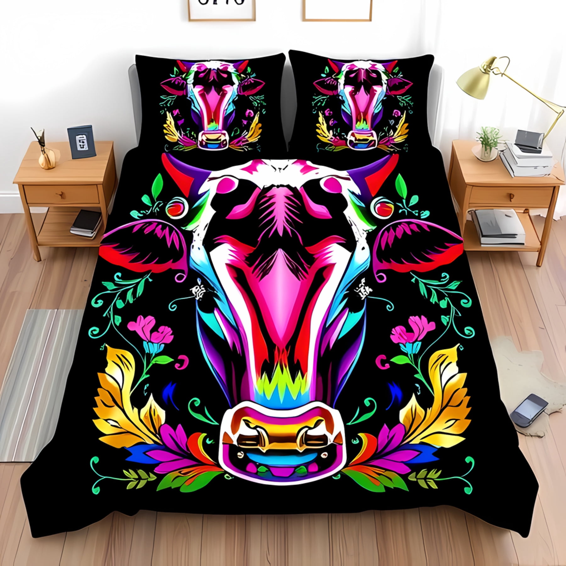 Vibrant 3-Piece Duvet Cover Set with Bold Pop Art Cow Head Design ...