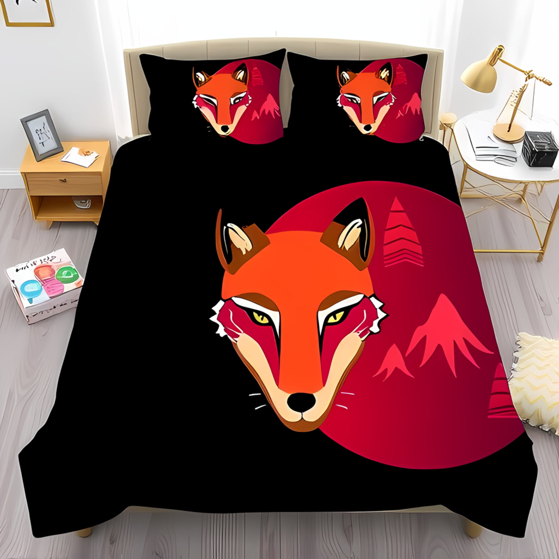 Vibrant 3-Piece Duvet Cover Set with Bold Stylized Fox Design on Black ...