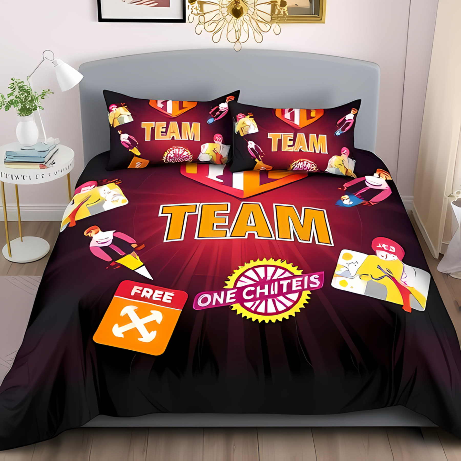 Vibrant 3-Piece Duvet Cover Set with Bold 'TEAM' Graphic Cartoon ...