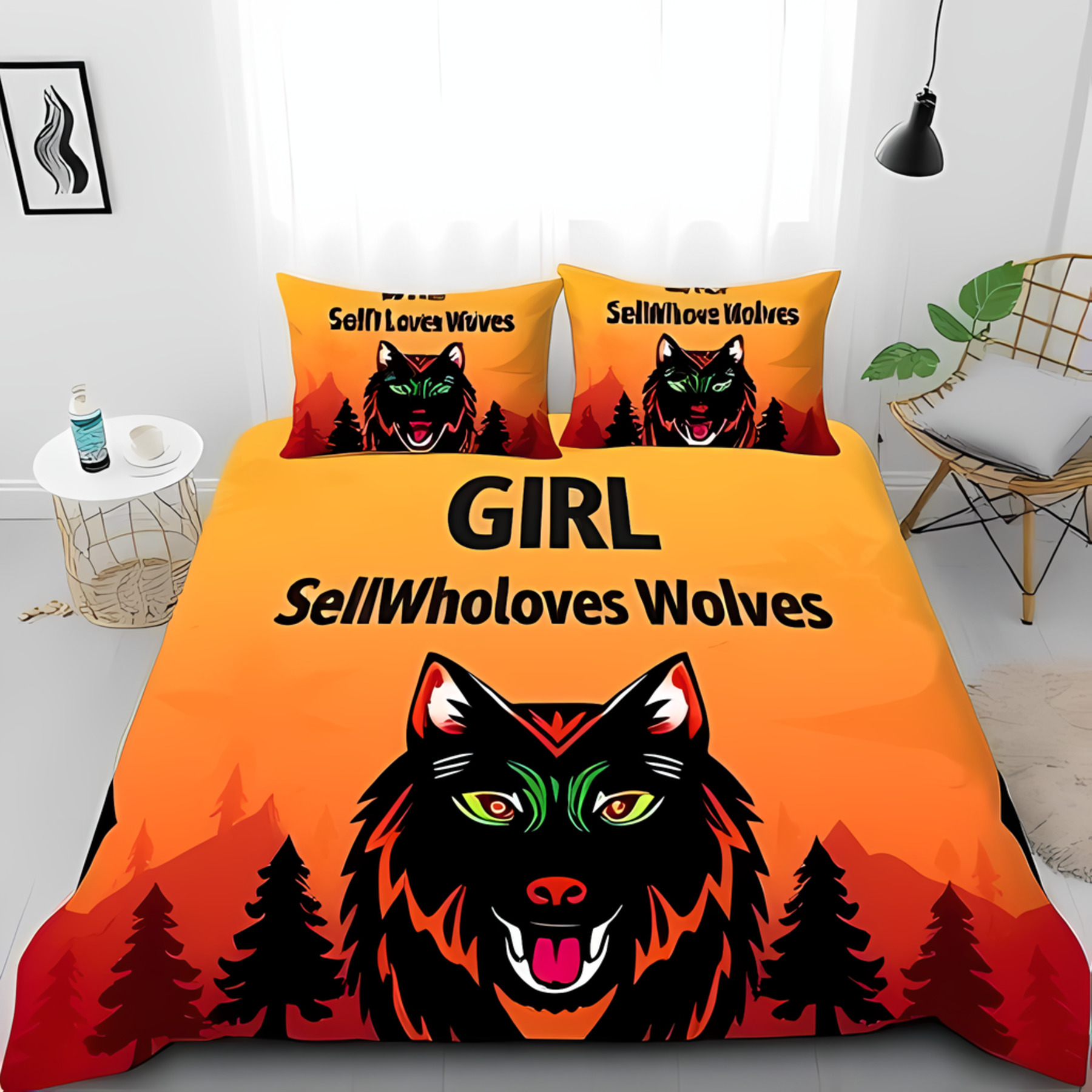Vibrant 3-Piece Duvet Cover Set with Bold Wolf Design & Playful "GIRL ...