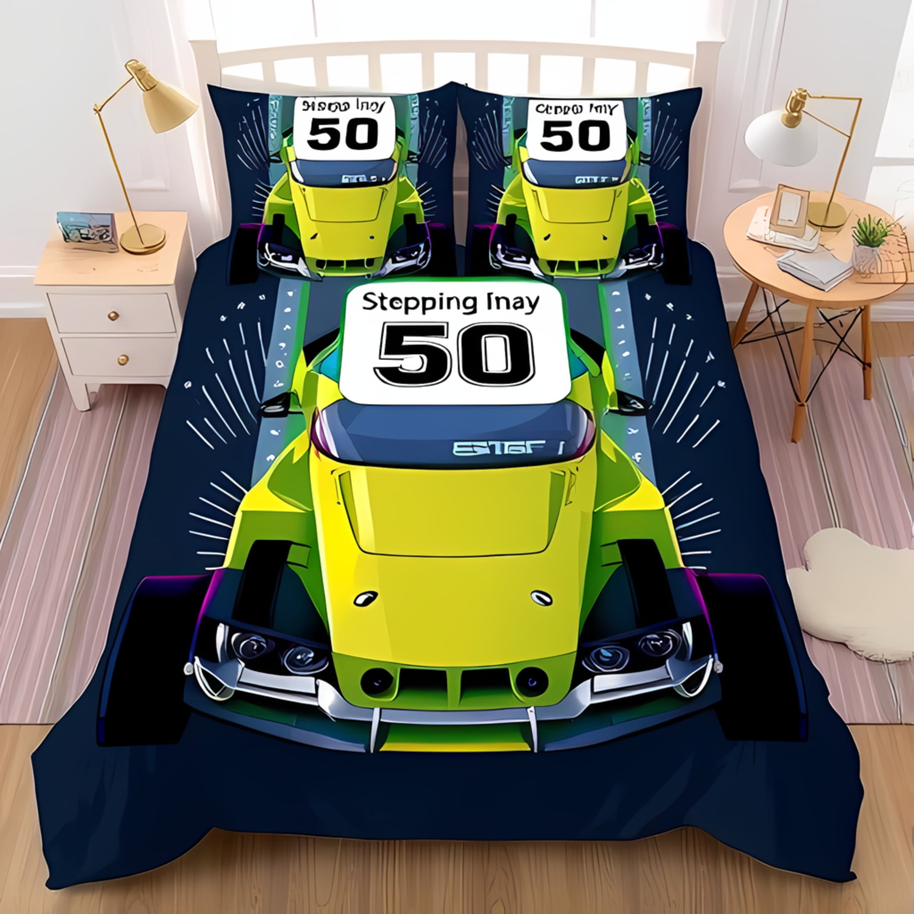 Vibrant 3-Piece Duvet Cover Set with Bright Yellow Racing Car Design ...