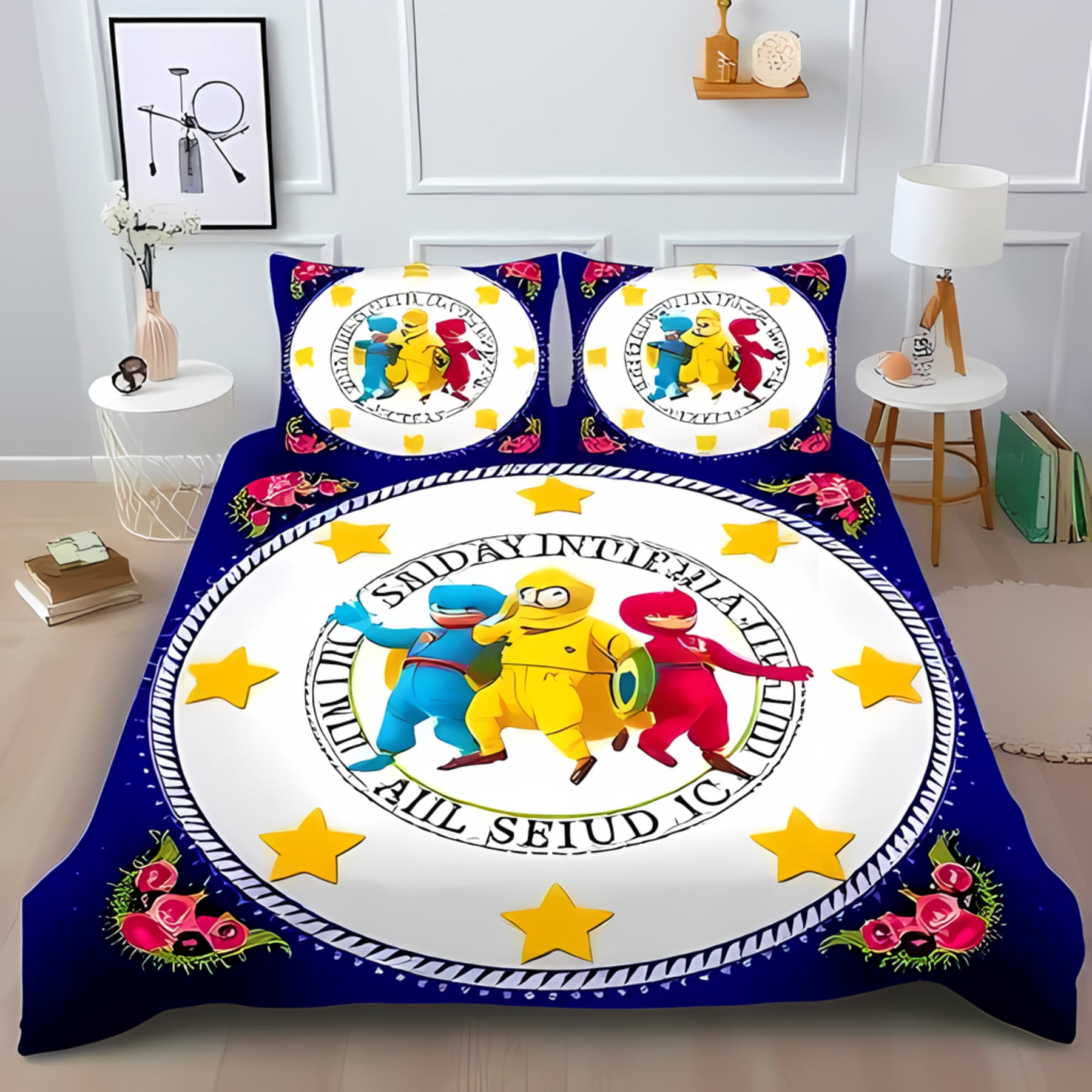 Vibrant 3-Piece Duvet Cover Set with Cartoon Characters Stars & Floral ...