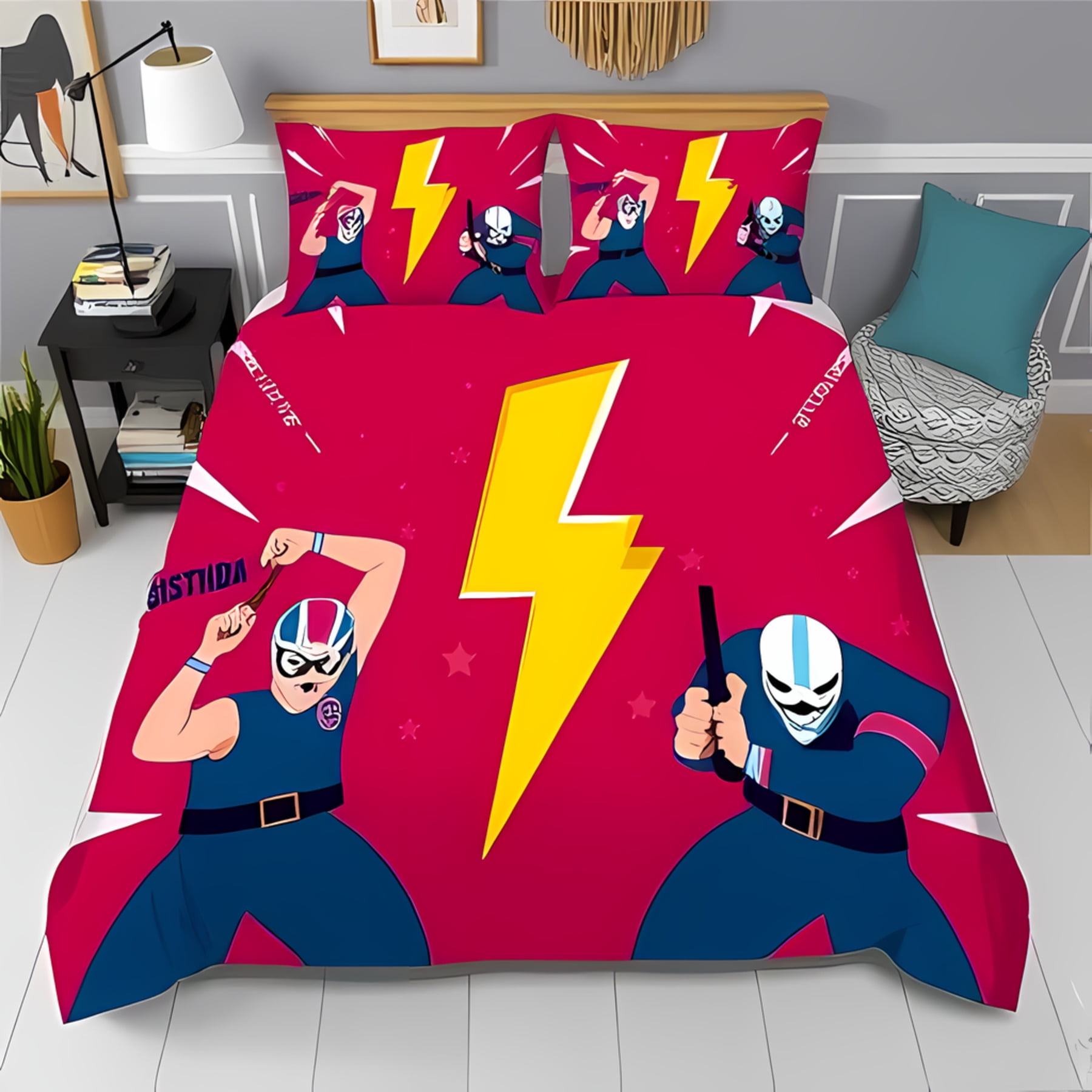 Vibrant 3-Piece Duvet Cover Set with Characters in Poses on Bright Pink ...