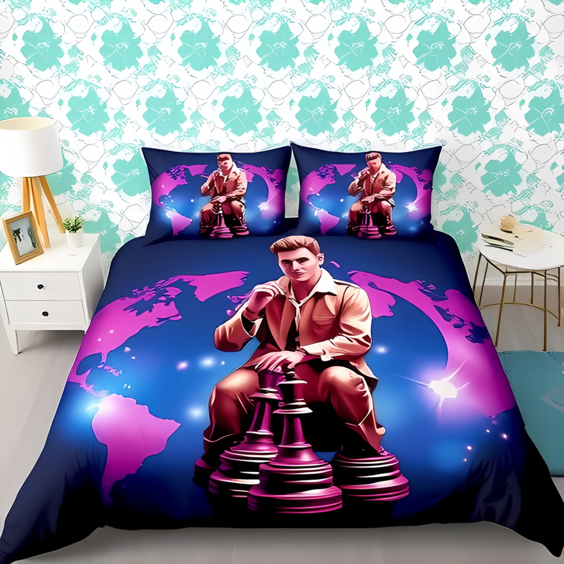 Vibrant 3-Piece Duvet Cover Set with Chess & World Map Design ...