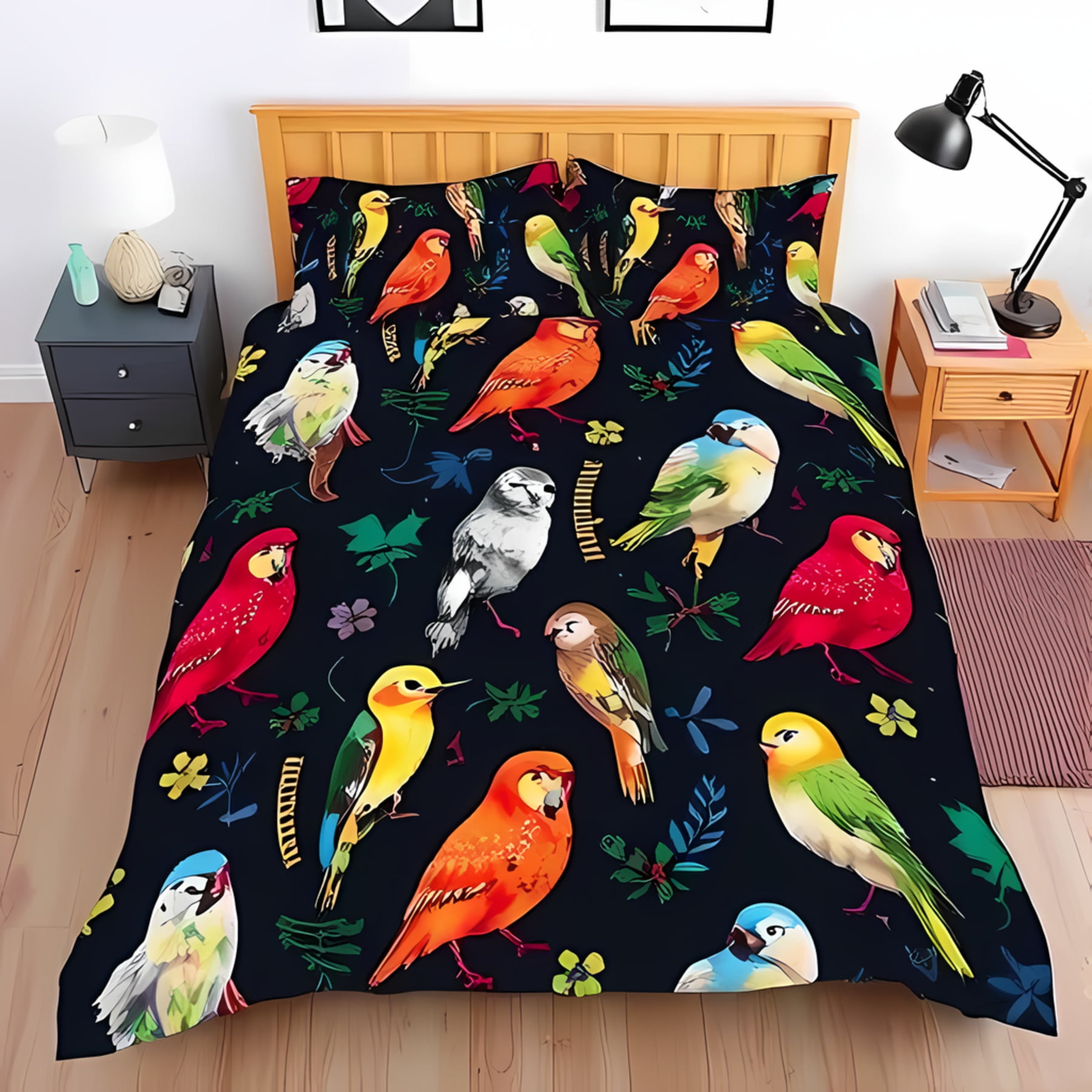 Vibrant 3-Piece Duvet Cover Set with Colorful Bird Illustrations ...