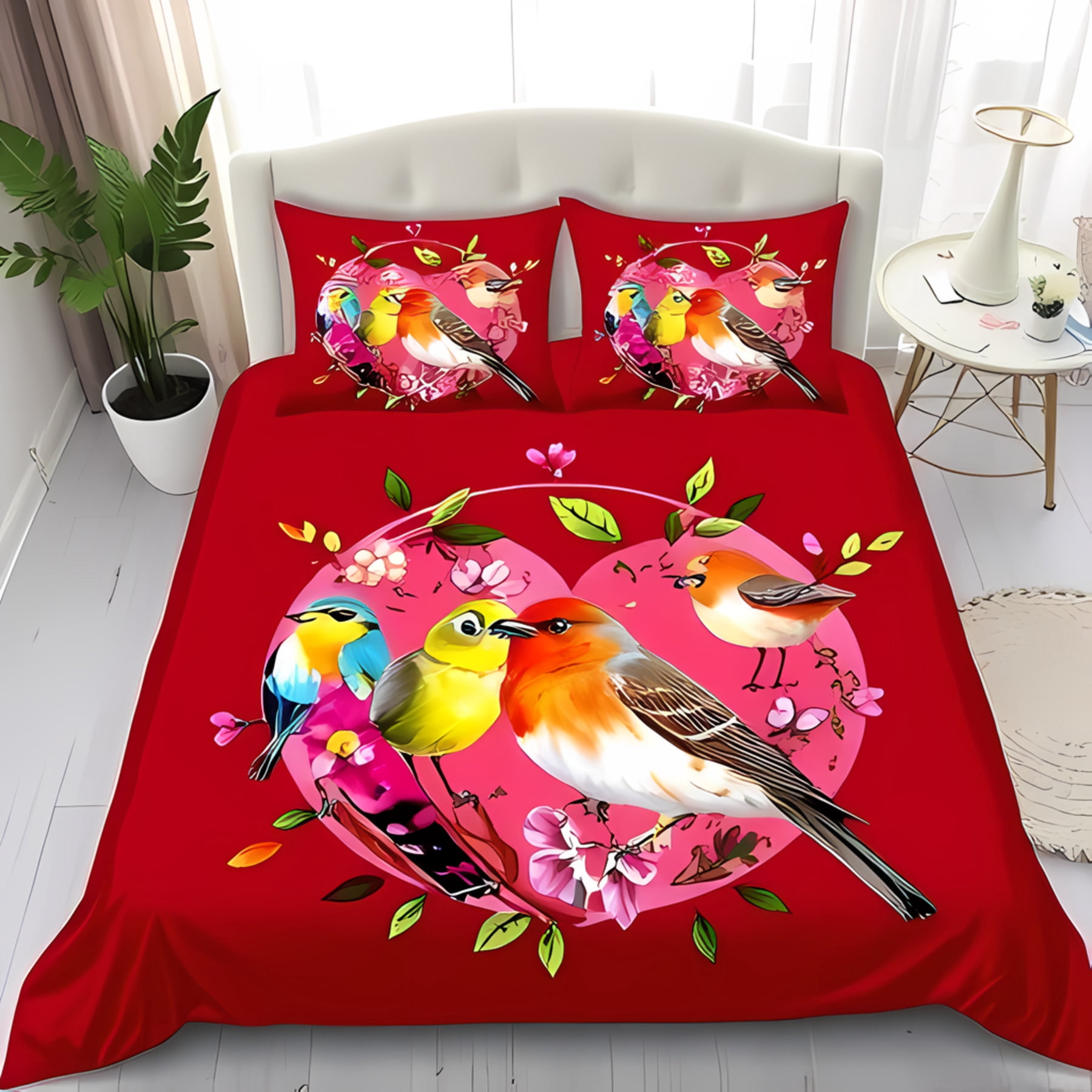 Vibrant 3-Piece Duvet Cover Set with Colorful Birds & Floral Design on ...