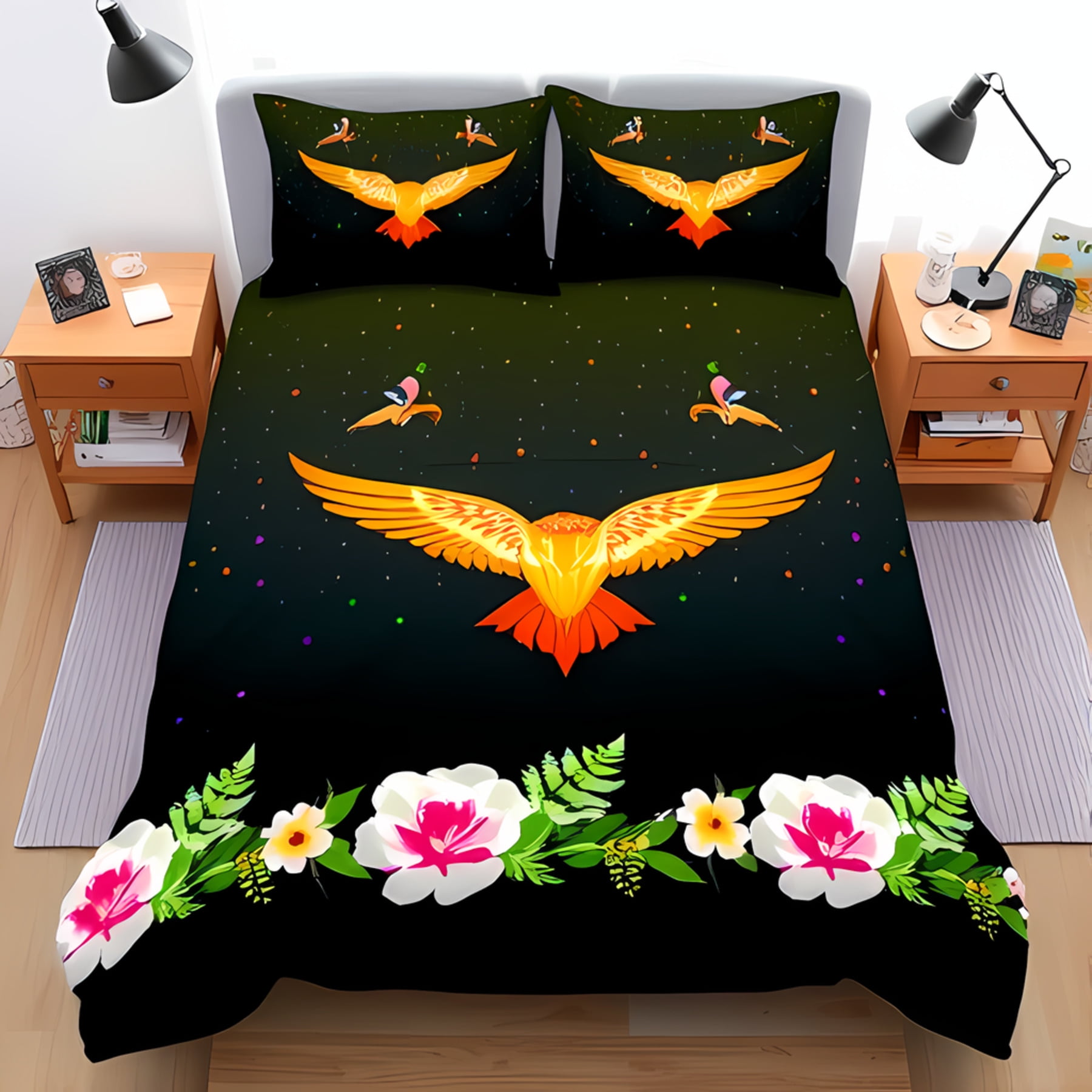 Vibrant 3-Piece Duvet Cover Set with Colorful Birds and Starry Night ...