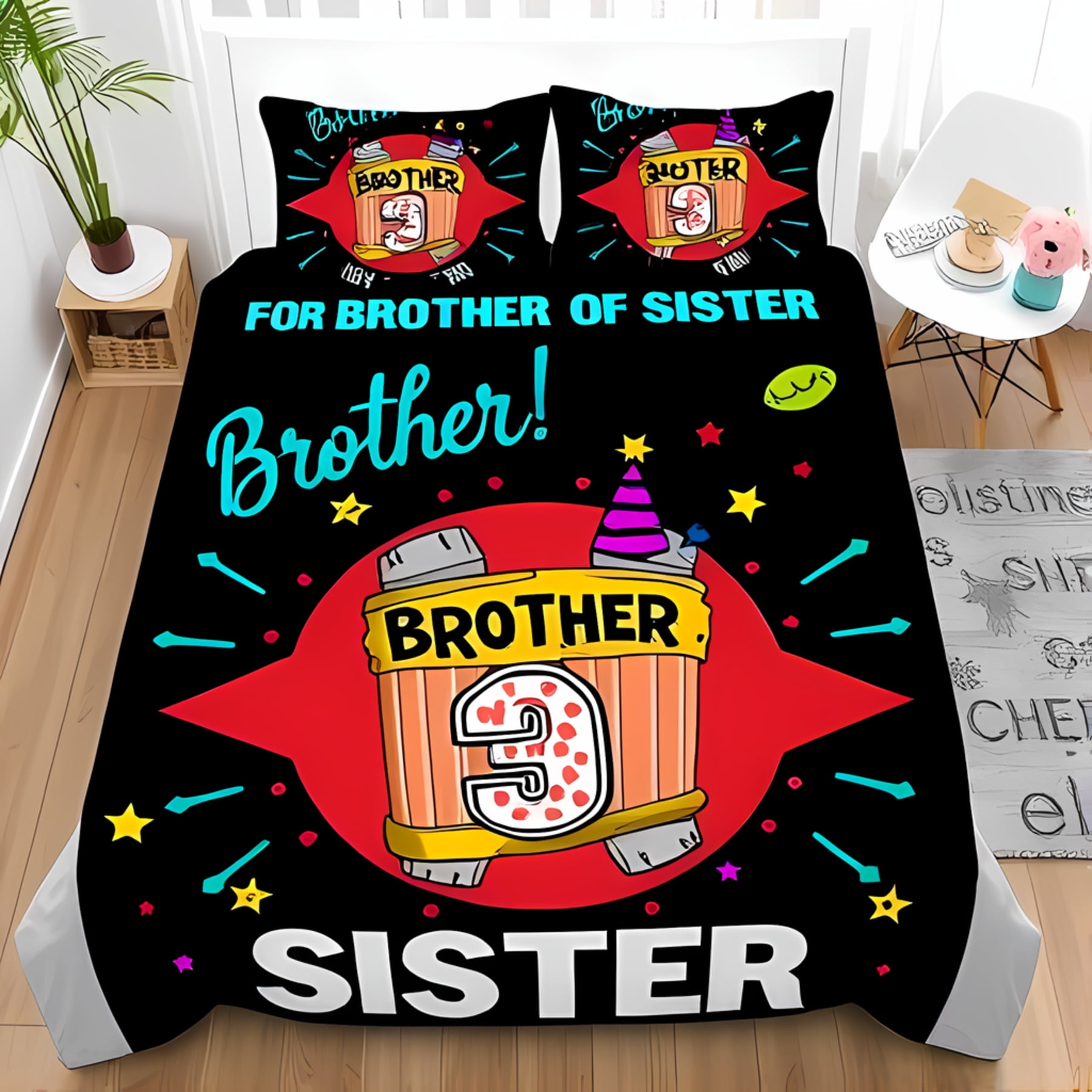 Vibrant 3-Piece Duvet Cover Set with Colorful 'Brother ' & 'Sister ...