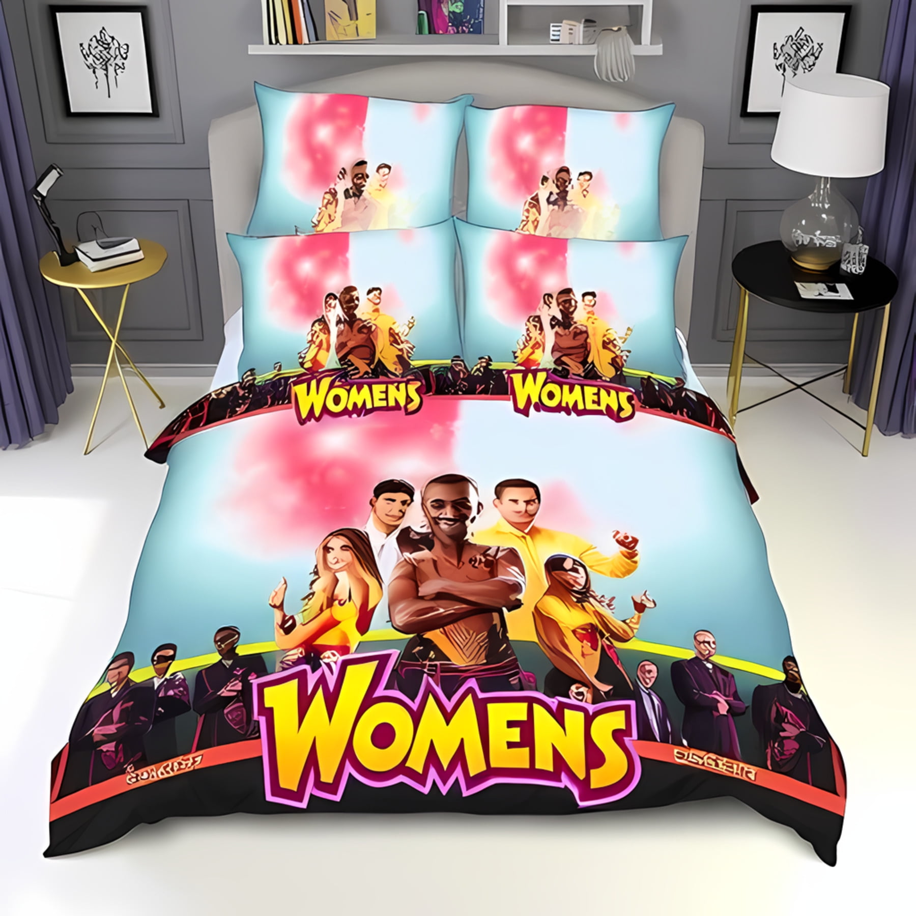 Vibrant 3-Piece Duvet Cover Set with Colorful Characters on Bright Pink ...