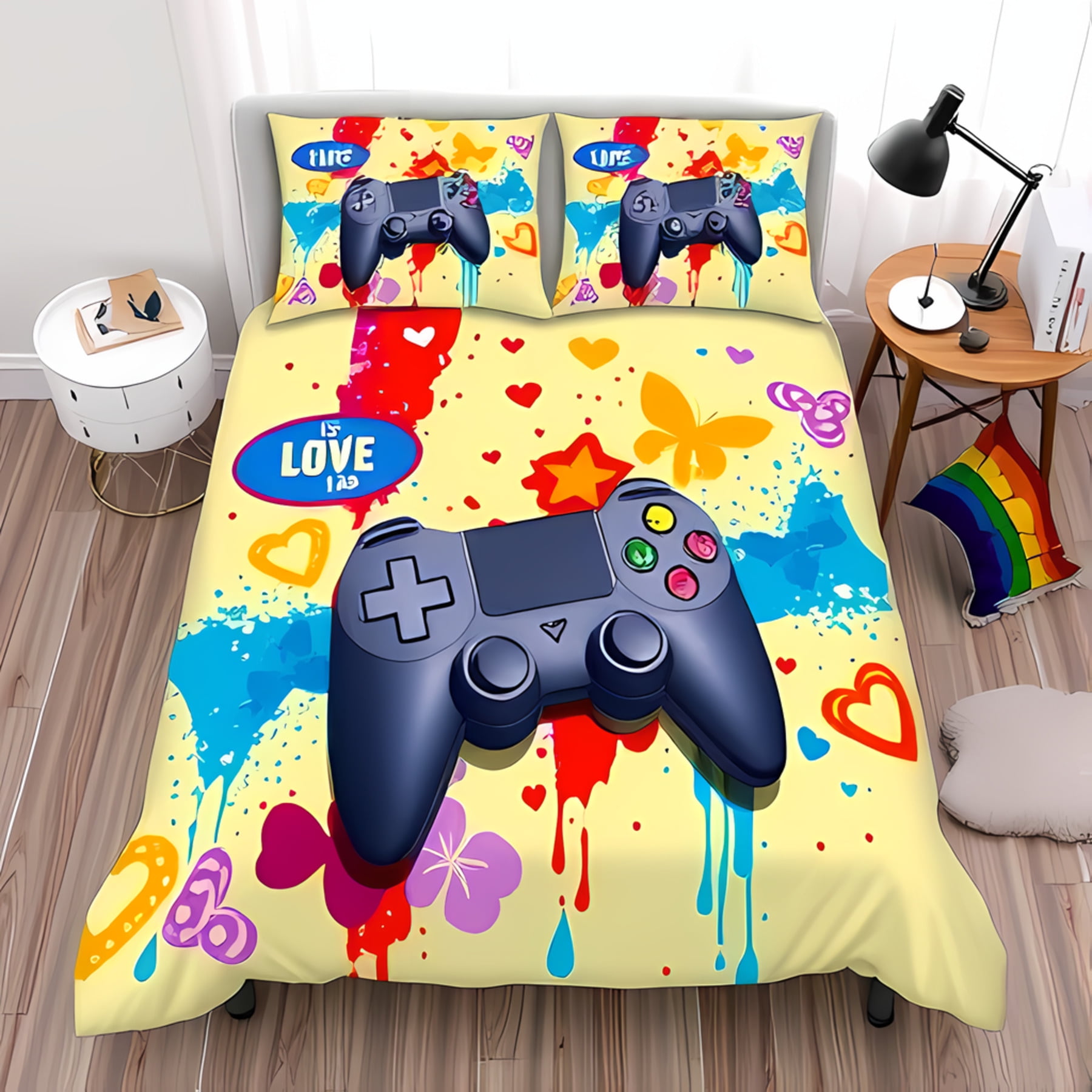 Vibrant 3-Piece Duvet Cover Set with Colorful Controller Design Heart Shapes & Splash Patterns ...