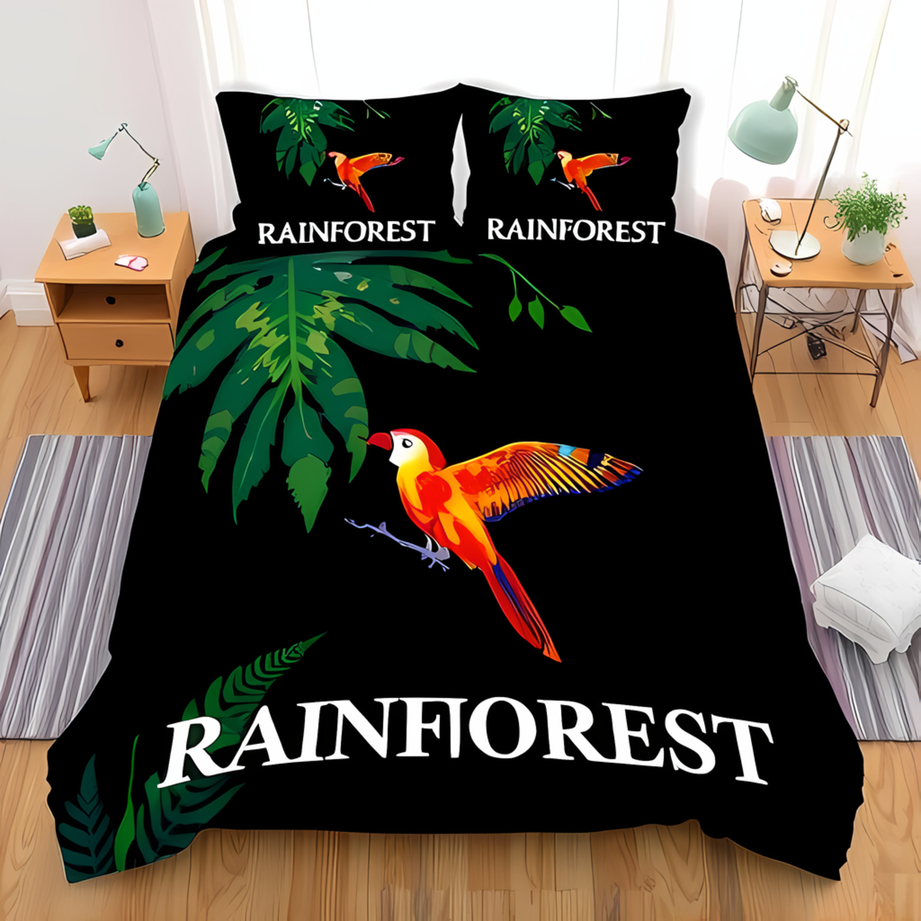 Vibrant 3-Piece Duvet Cover Set with Colorful Parrot & Rainforest ...