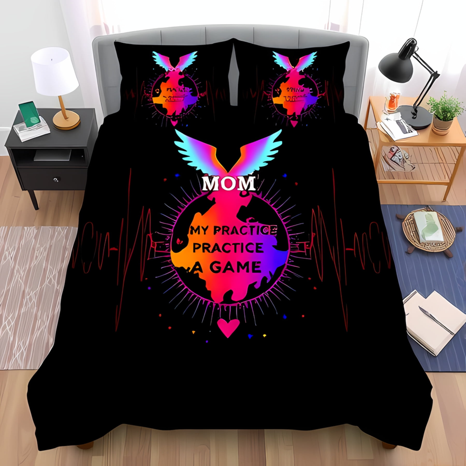 Vibrant 3-Piece Duvet Cover Set with Colorful Phoenix Heart & Heartbeat ...