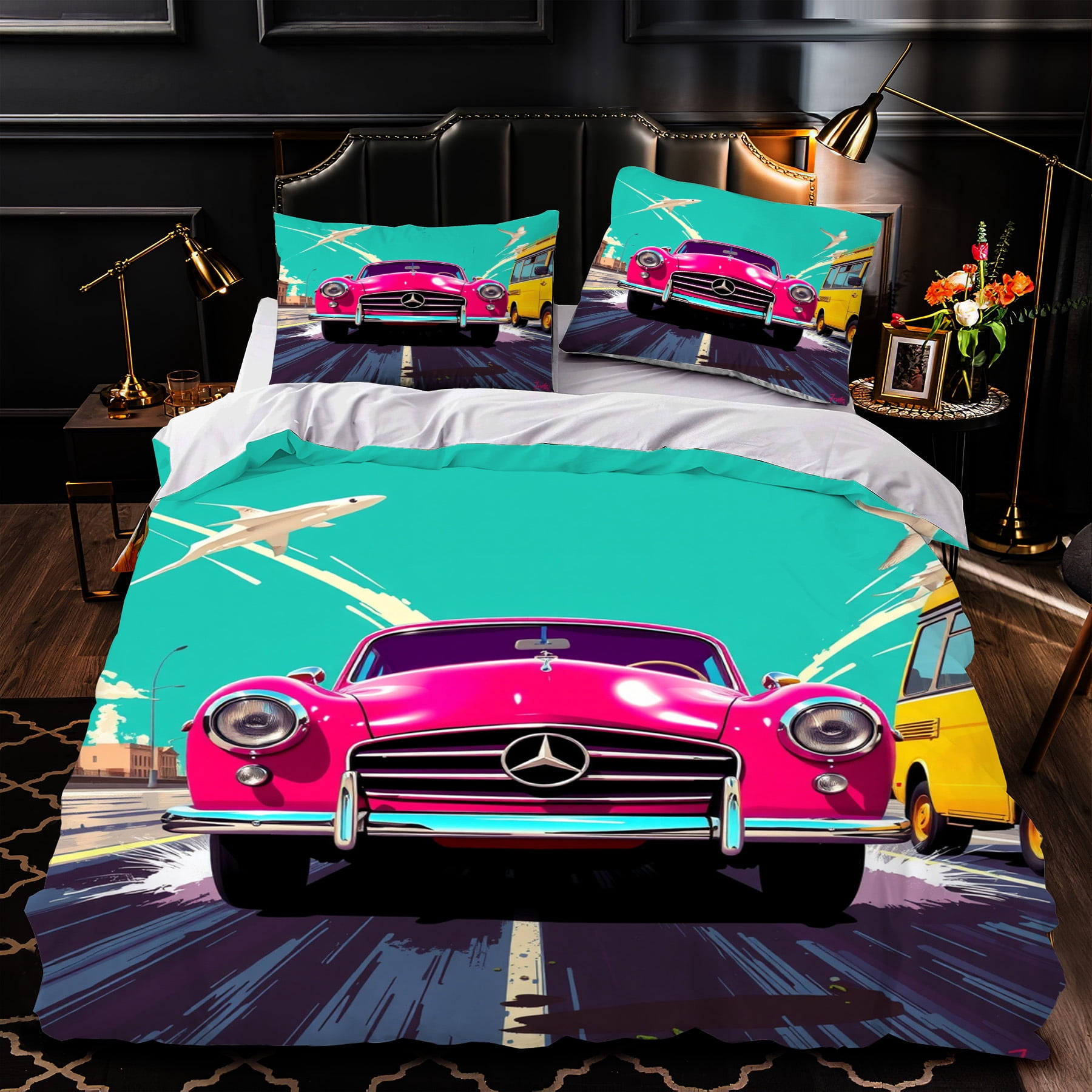 Vibrant 3-Piece Duvet Cover Set with Colorful Pink Car Design Sky ...
