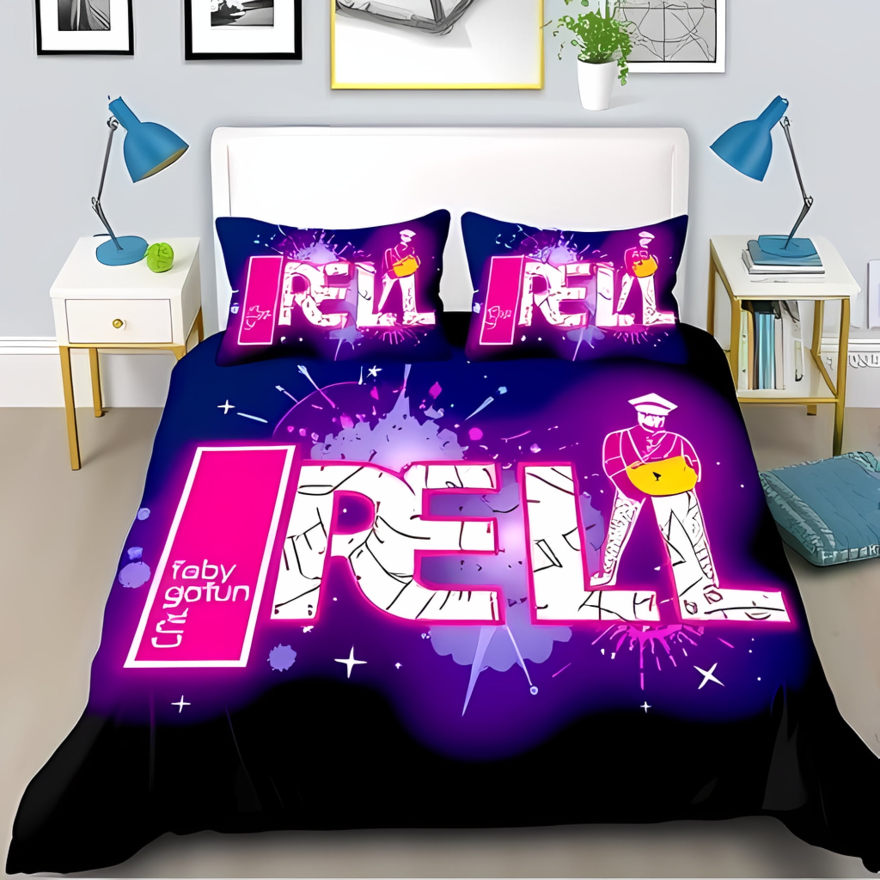 Vibrant 3-Piece Duvet Cover Set with Colorful Purple & Pink Design 'RELL' Letters Matching ...