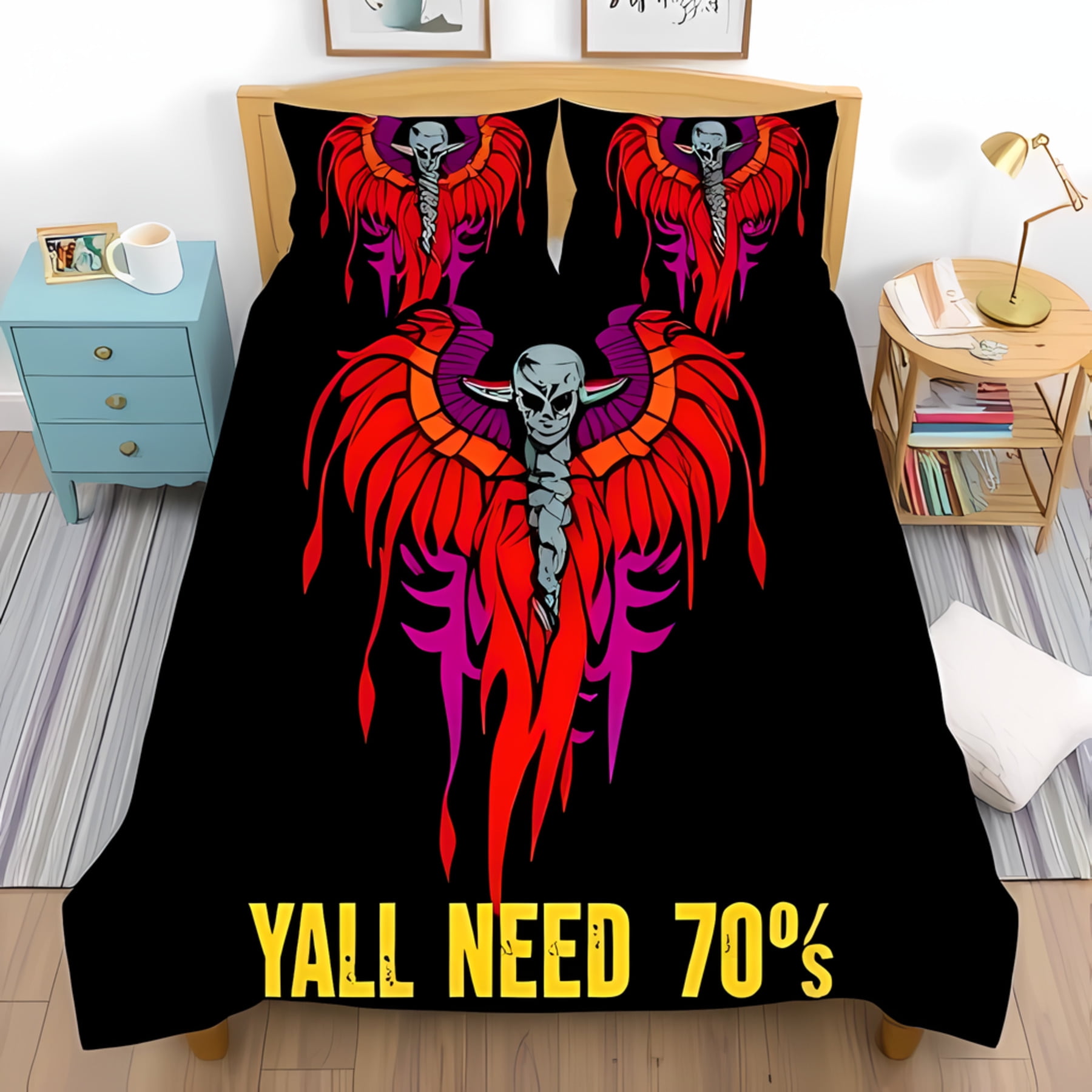 Vibrant 3-Piece Duvet Cover Set with Colorful Skeleton Design & Yellow ...