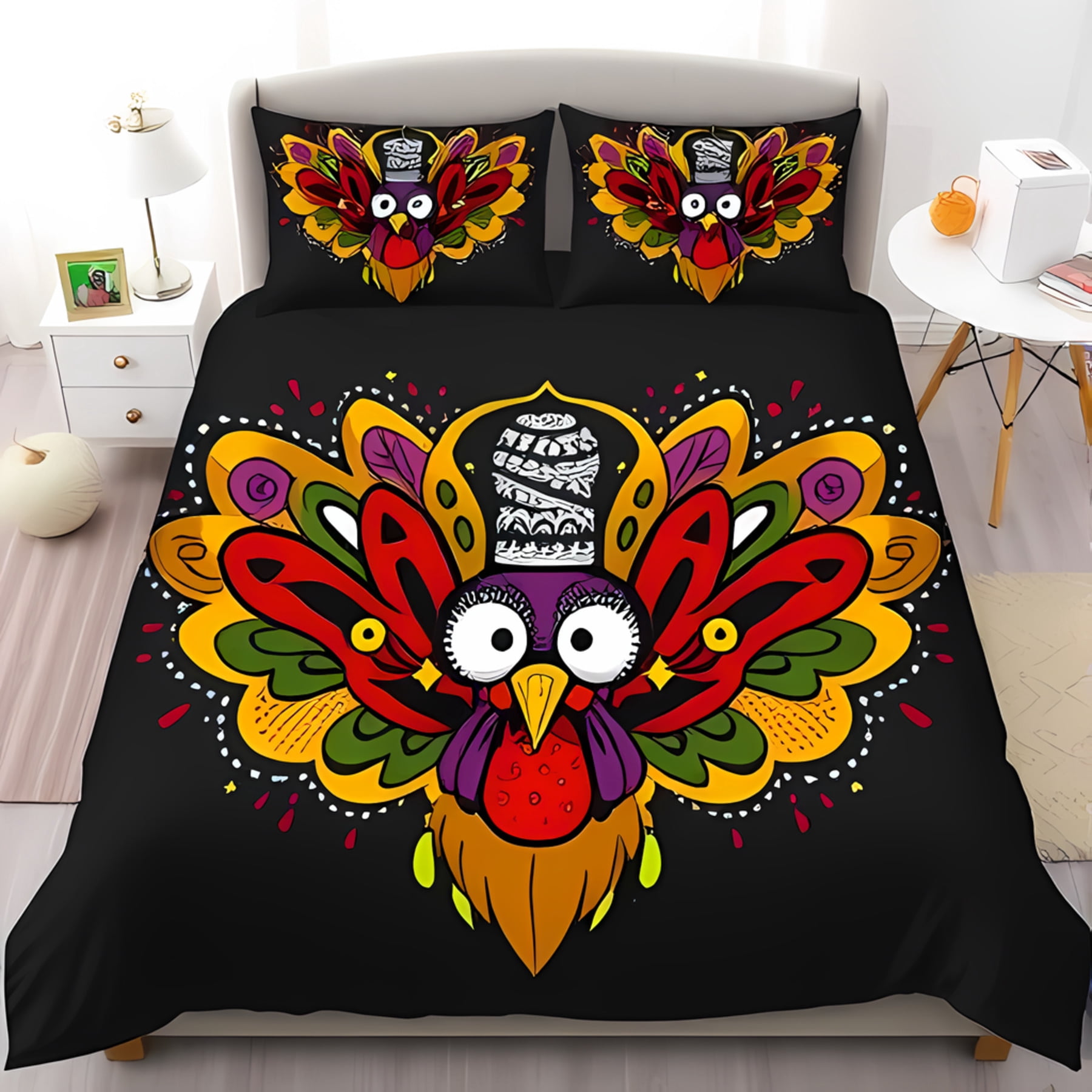 Vibrant 3-Piece Duvet Cover Set with Colorful Stylized Bird Design ...