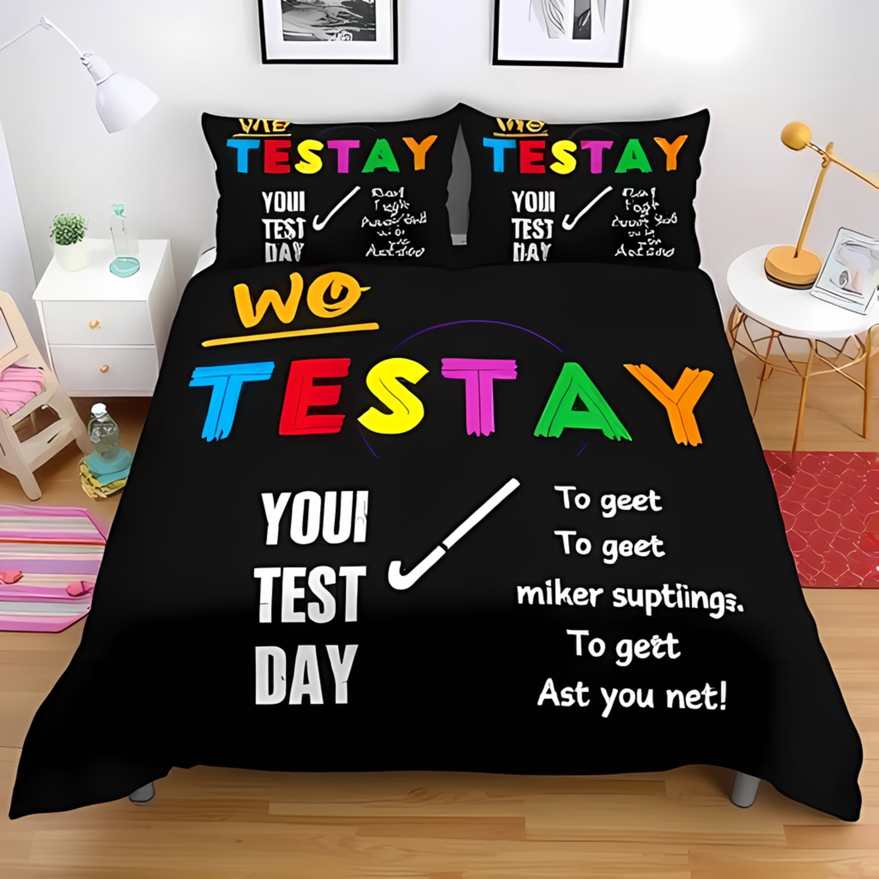 Vibrant 3-Piece Duvet Cover Set with Colorful 'TEST DAY' Text Design on ...