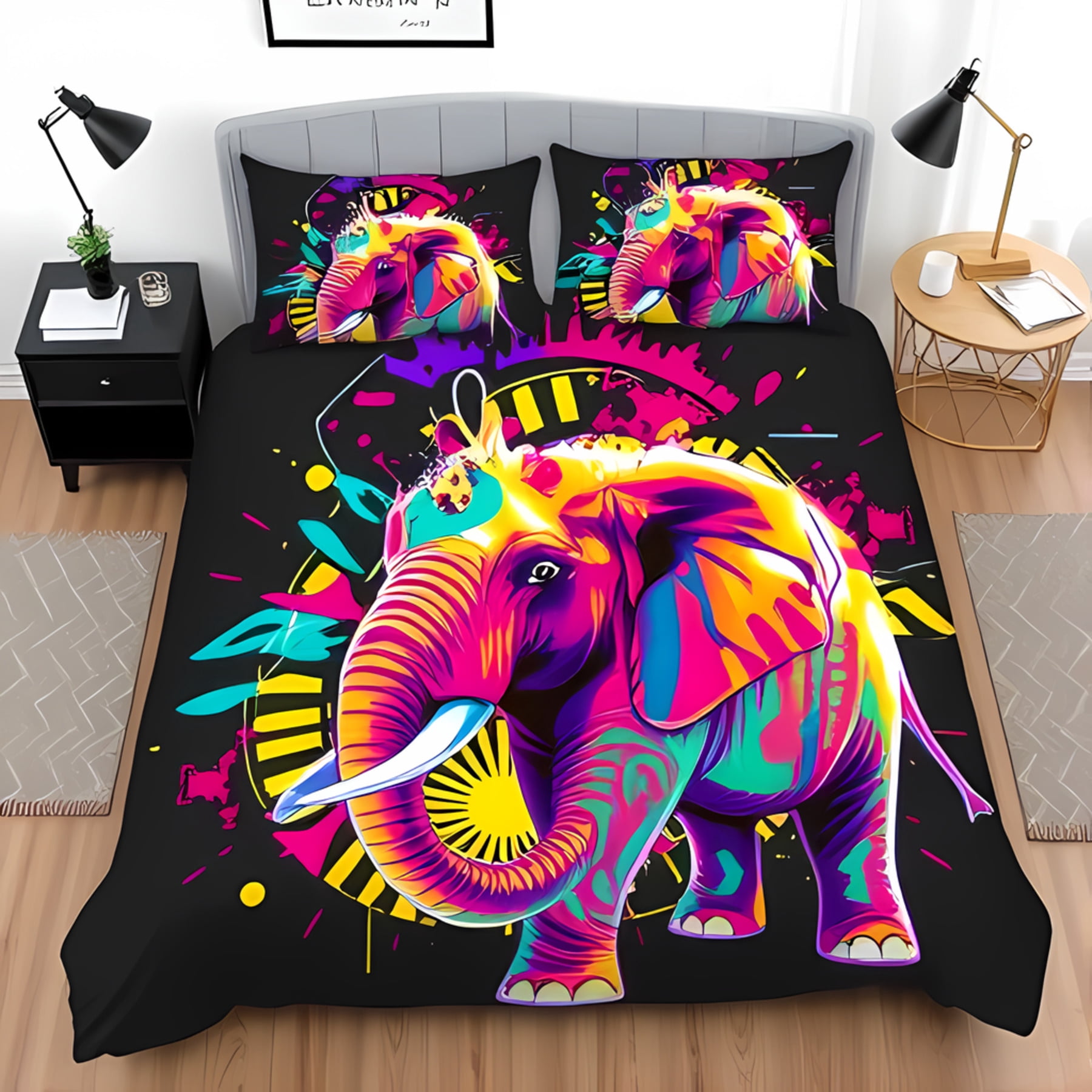 Vibrant 3-Piece Duvet Cover Set with Elephant Design - Modern Bedding ...