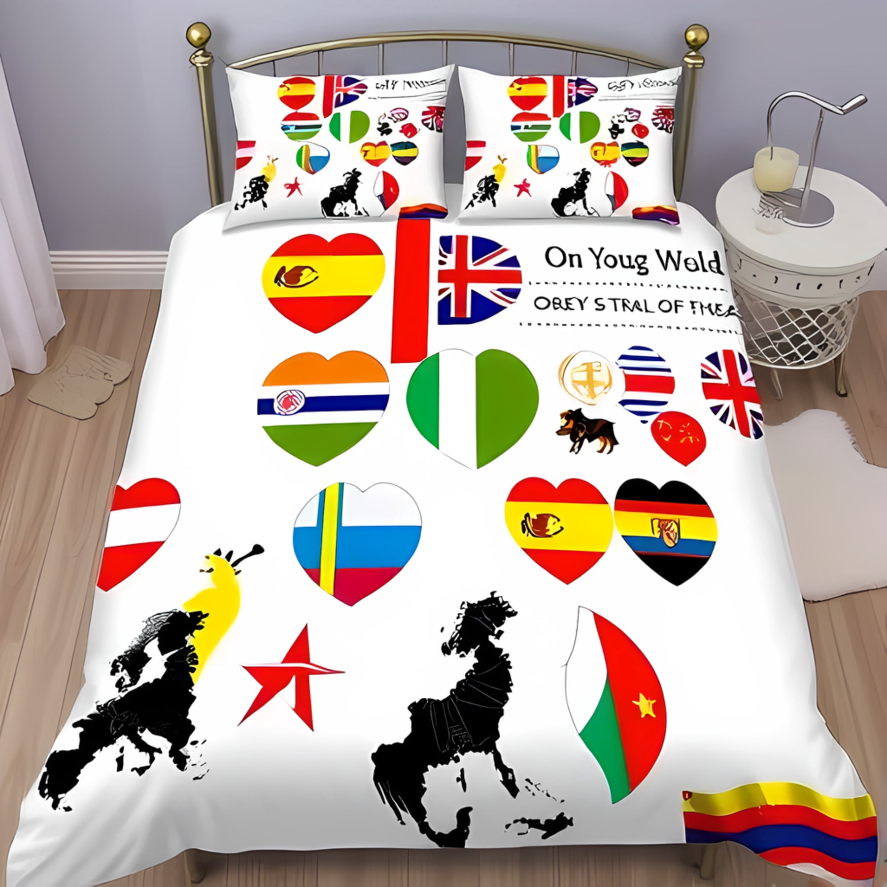 Vibrant 3-Piece Duvet Cover Set with Flags & Heart Shapes from Around ...