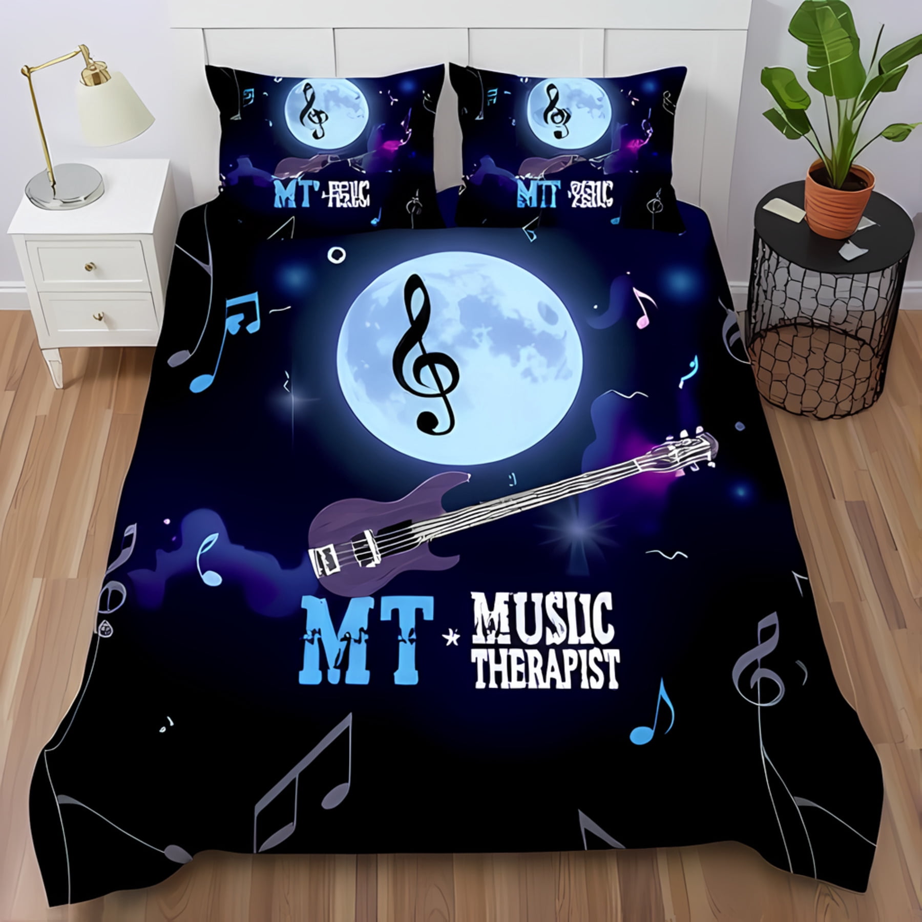 Vibrant 3-Piece Duvet Cover Set with Full Moon Musical Notes & Electric ...
