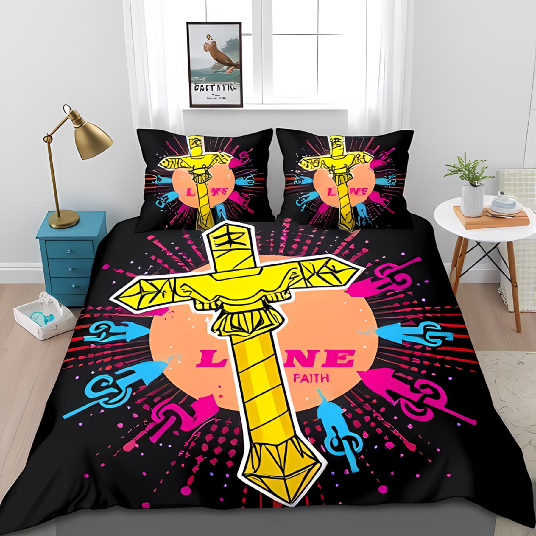 Vibrant 3-Piece Duvet Cover Set with Gold Cross & Radiating Arrows in ...