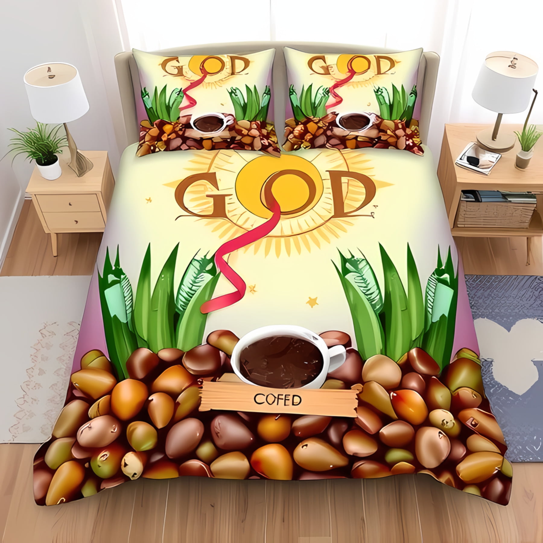 Vibrant 3-Piece Duvet Cover Set with Golden 'GOD' Design Coffee Cup ...