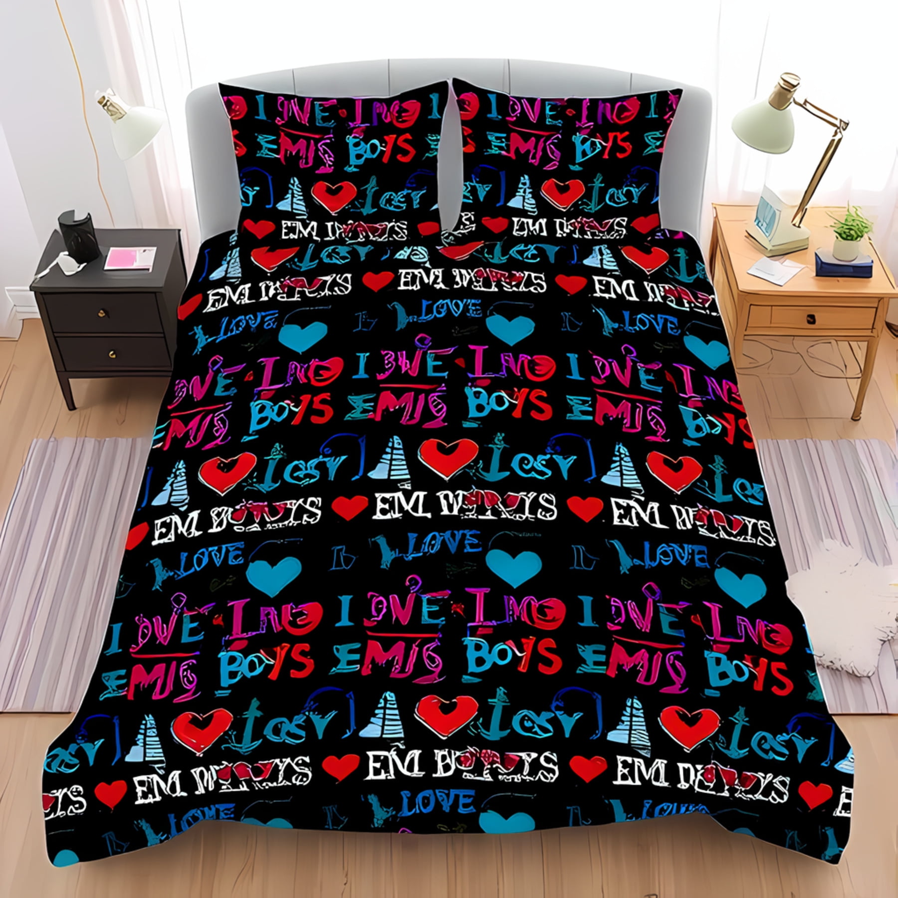 Vibrant 3-Piece Duvet Cover Set with Graffiti-Style Pattern " I Love ...