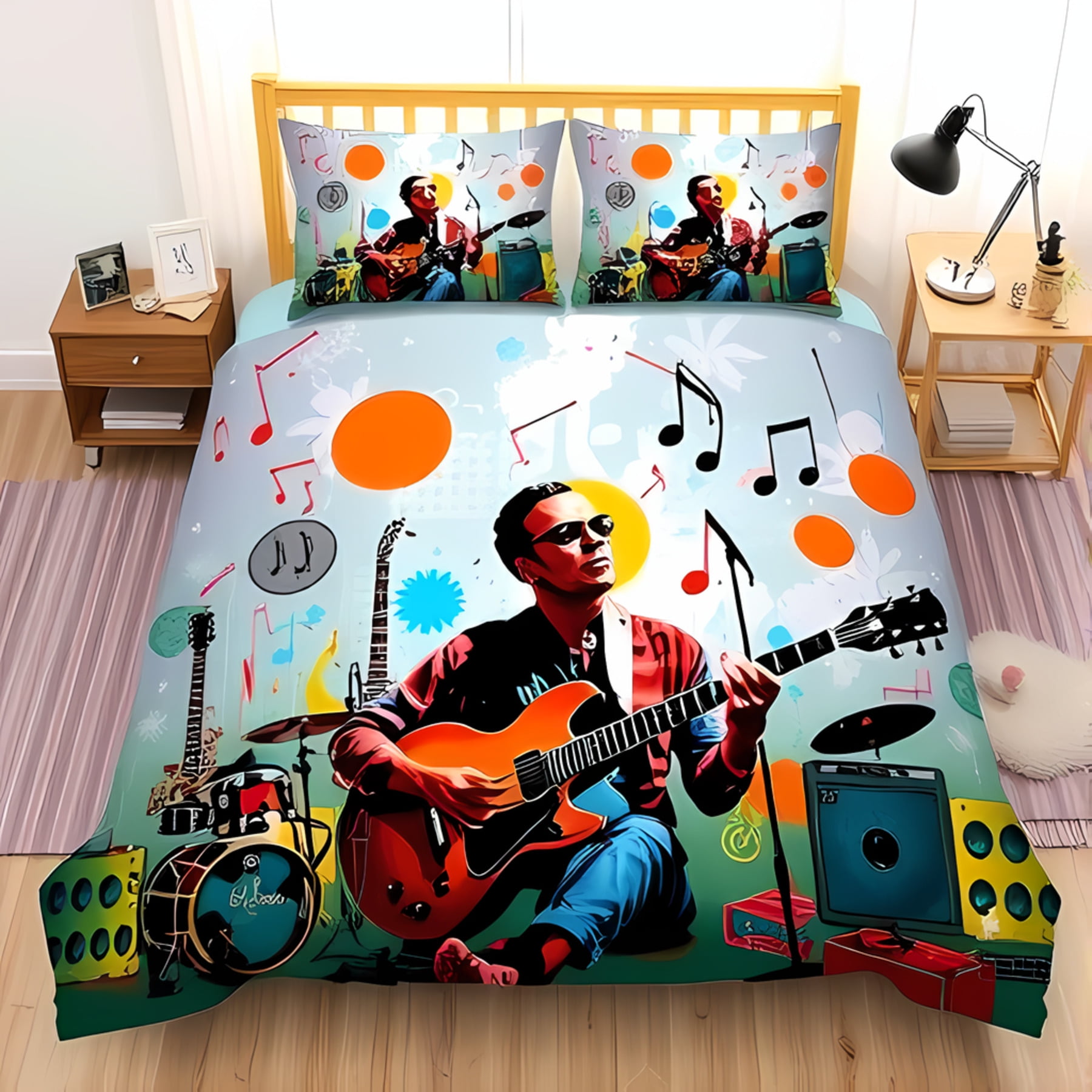 Vibrant 3-Piece Duvet Cover Set with Guitarist Graphic Musical Notes ...