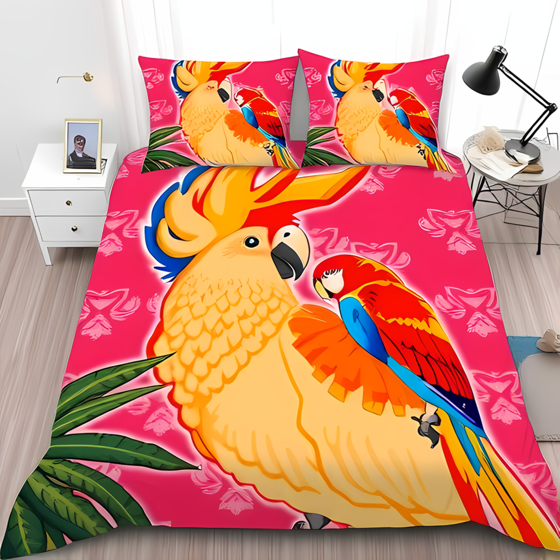 Vibrant 3-Piece Duvet Cover Set with Large Pale Yellow Cockatoo ...