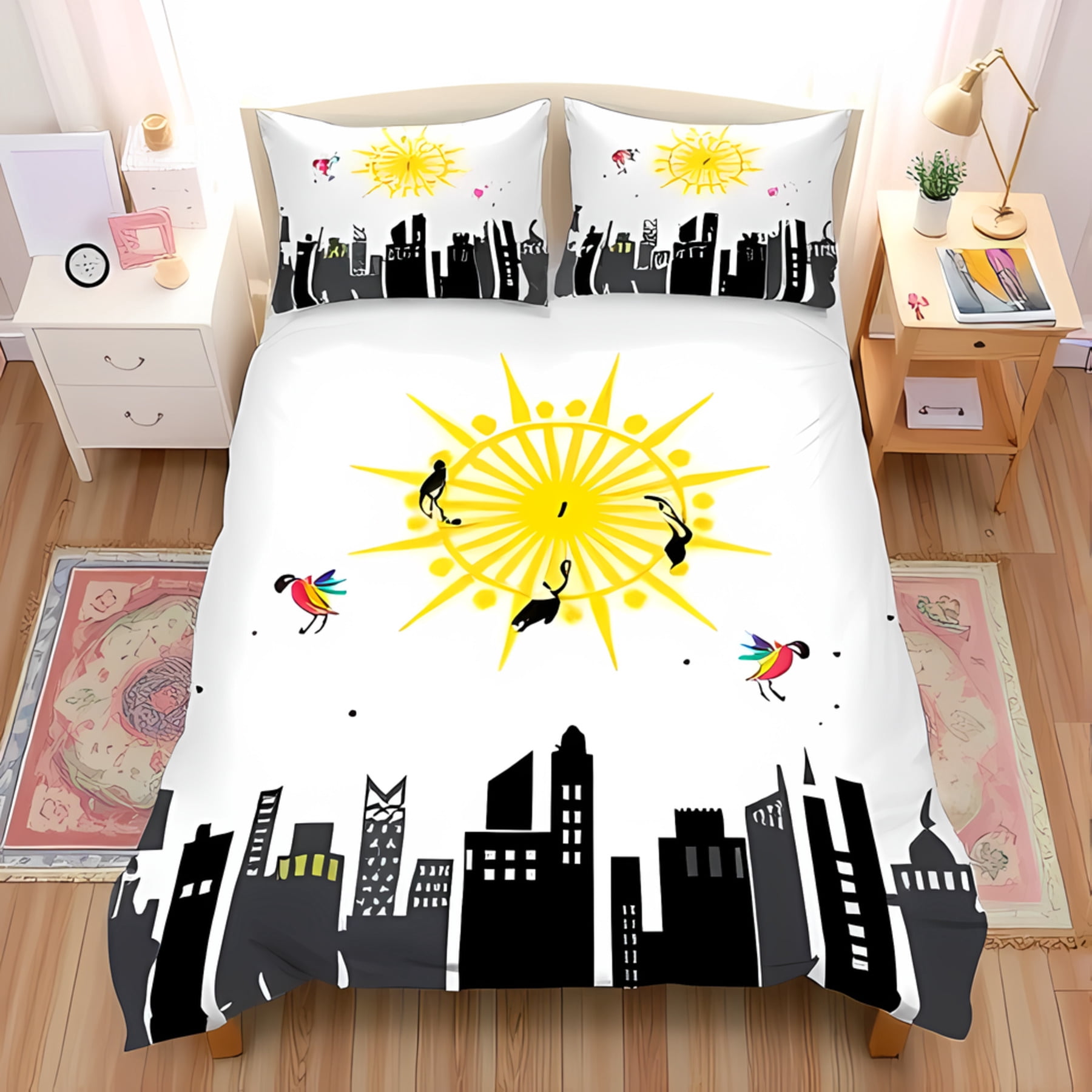 Vibrant 3-Piece Duvet Cover Set with Large Yellow Sun Silhouetted Birds ...
