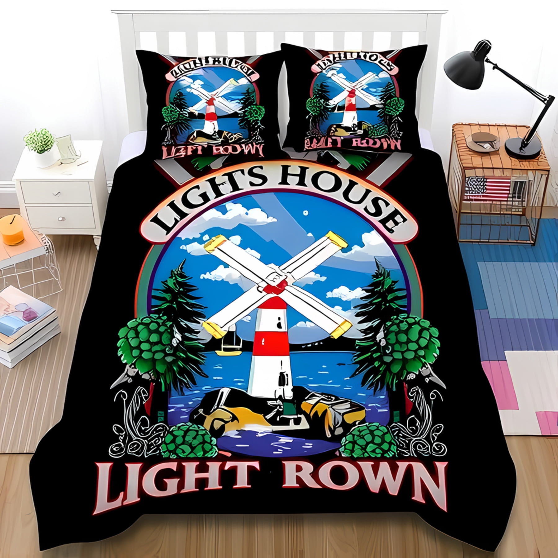 Vibrant 3-Piece Duvet Cover Set with Lighthouse & Windmill Design ...