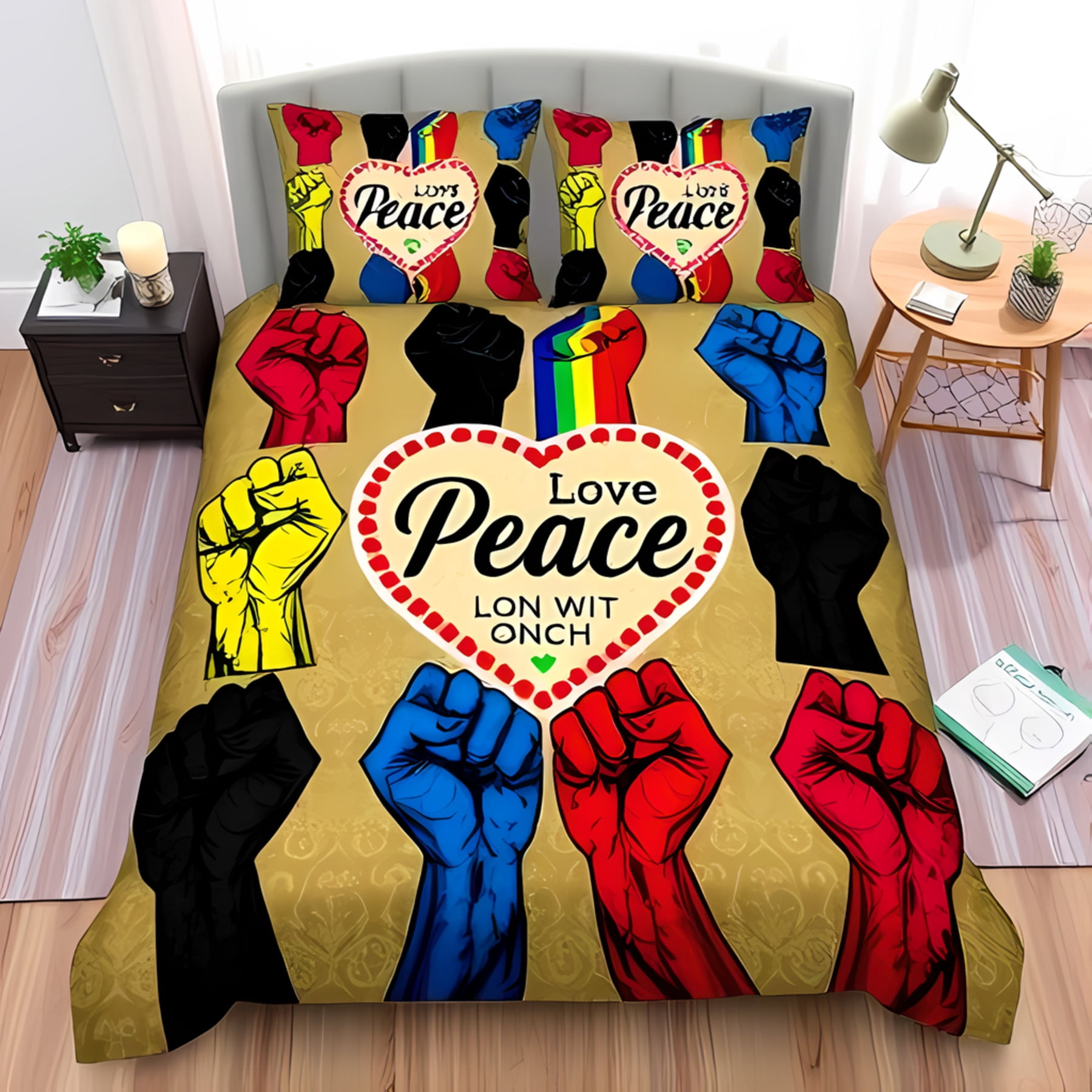 Vibrant 3-Piece Duvet Cover Set with Love & Peace Design - Colorful ...