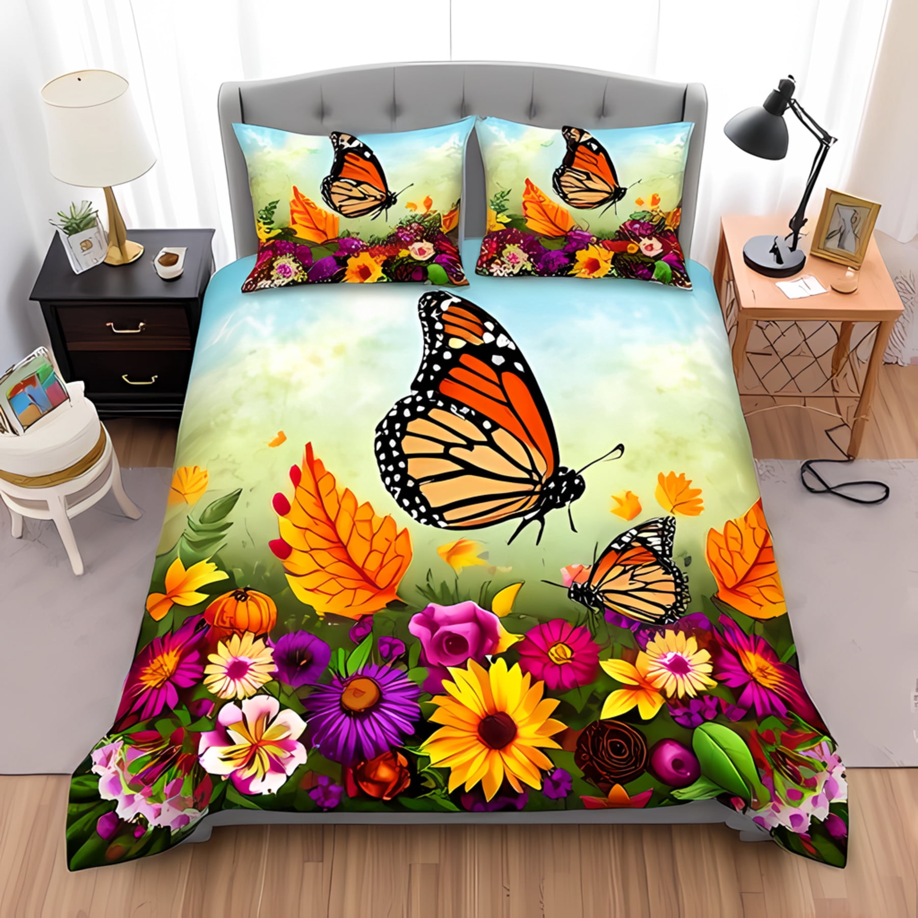 Vibrant 3-Piece Duvet Cover Set with Monarch Butterfly & Colorful ...