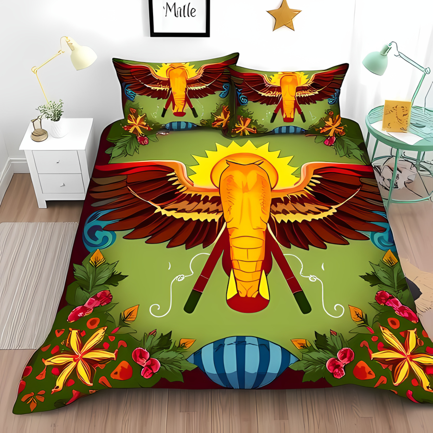 Vibrant 3-Piece Duvet Cover Set with Mythical Winged Creature Design ...