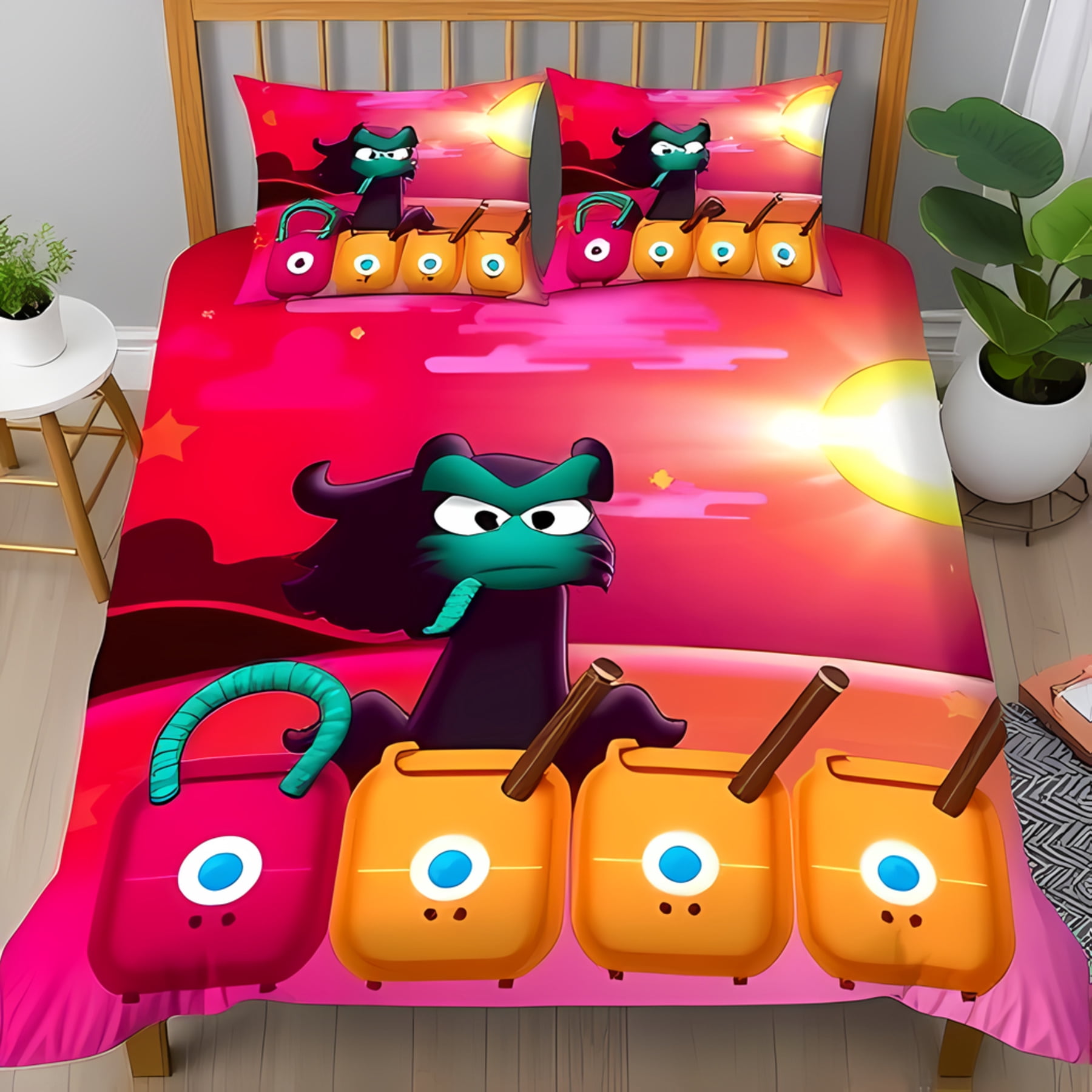 Vibrant 3-Piece Duvet Cover Set with Playful Cartoon Cat Design ...