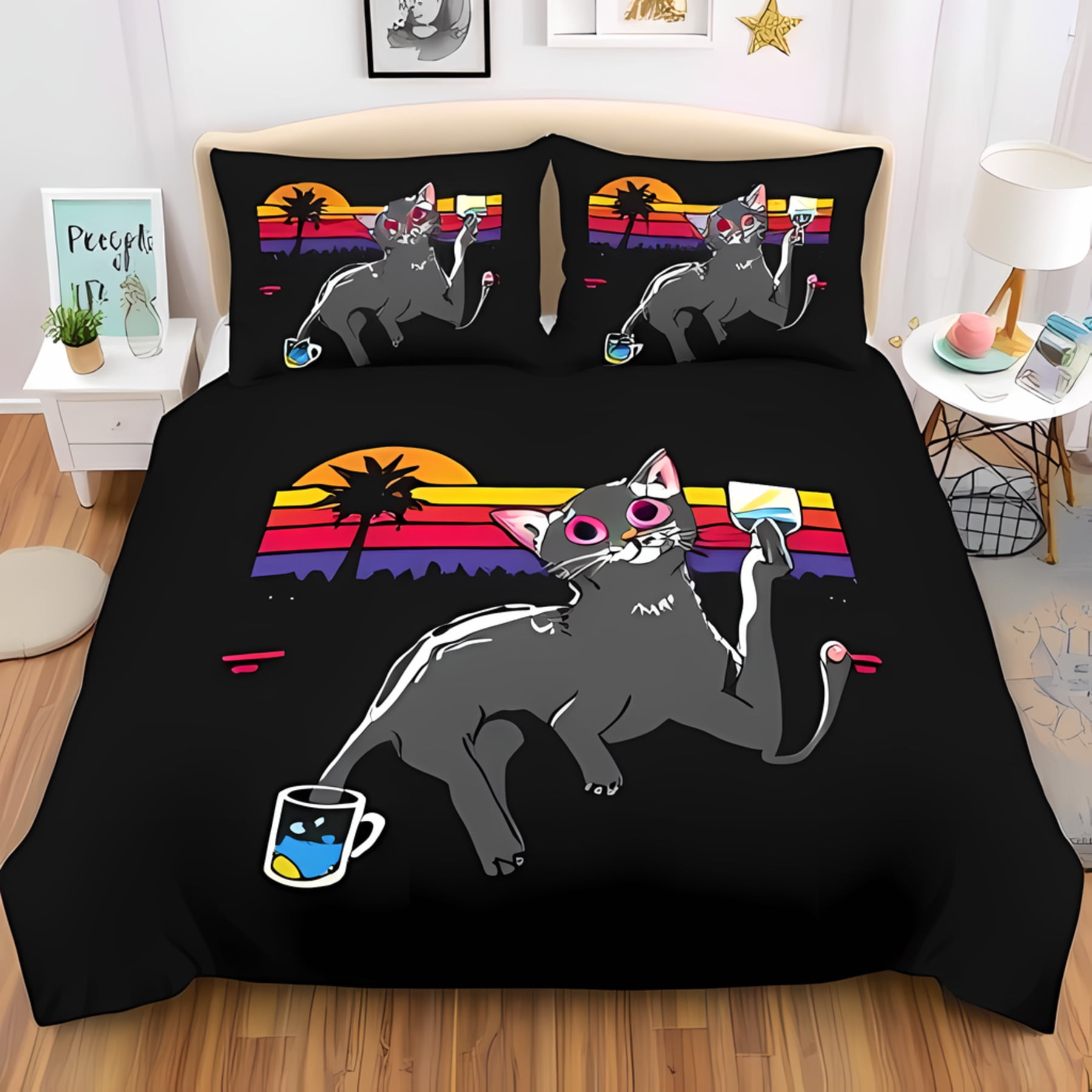 Vibrant 3-Piece Duvet Cover Set with Playful Cartoon Cat & Tropical ...