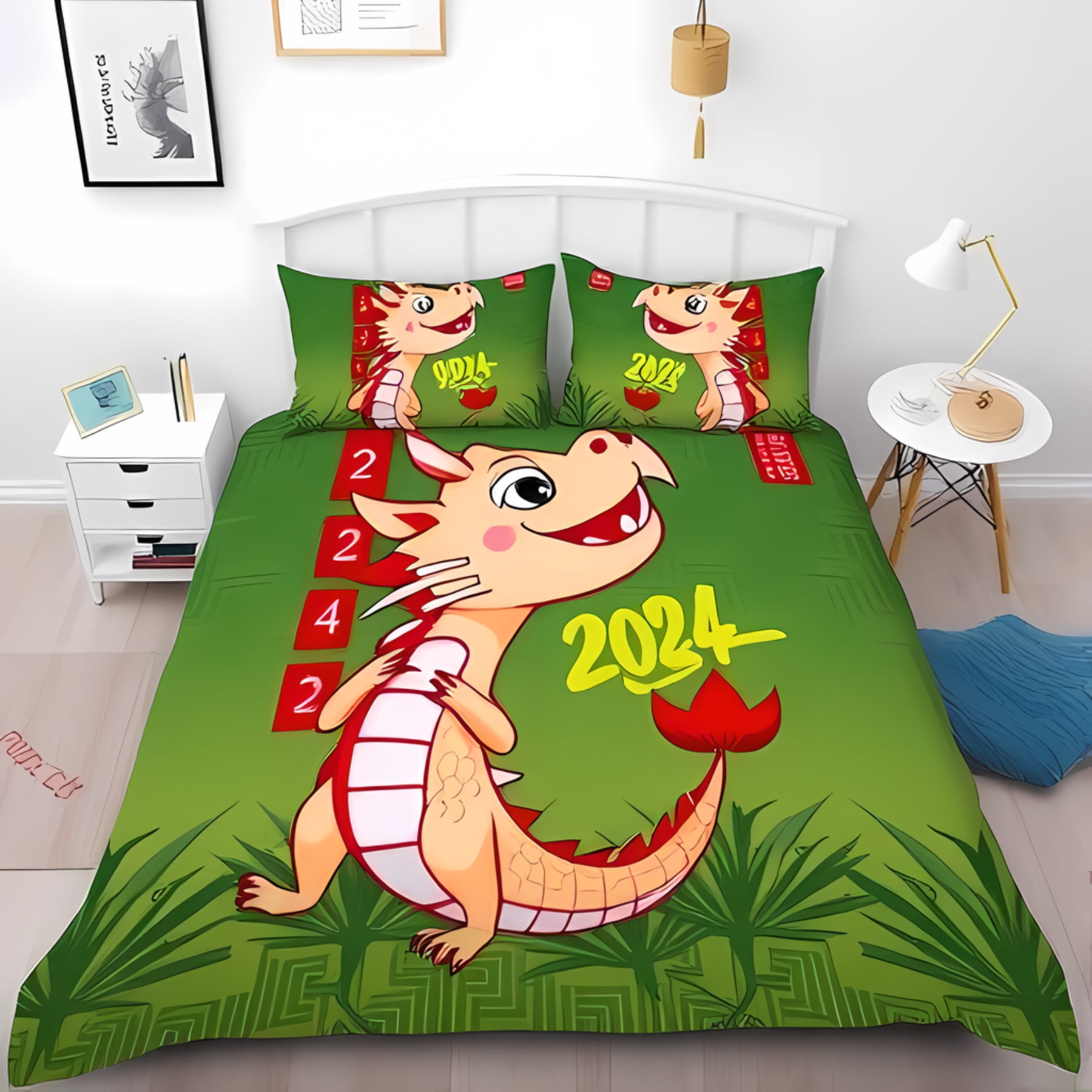 Vibrant 3-Piece Duvet Cover Set with Playful Cartoon Dragon Geometric ...