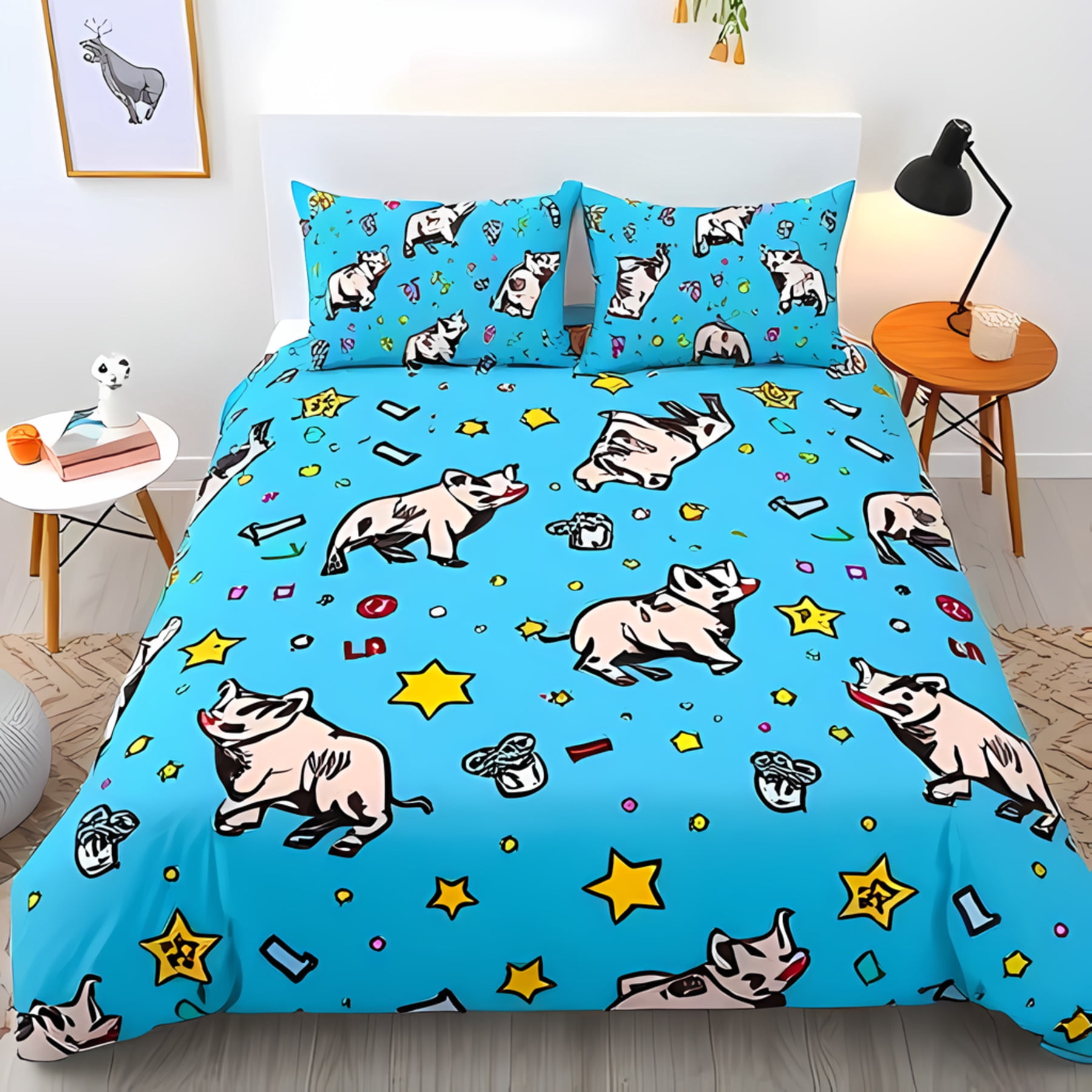 Vibrant 3-Piece Duvet Cover Set with Playful Cartoon Pigs Stars ...