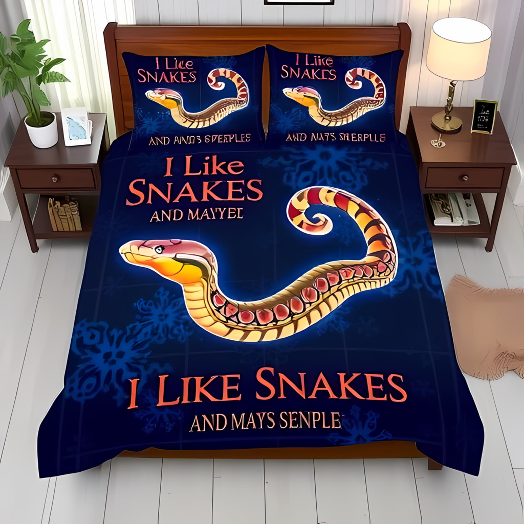 Vibrant 3-Piece Duvet Cover Set with Playful Snake Motif on Deep Blue ...