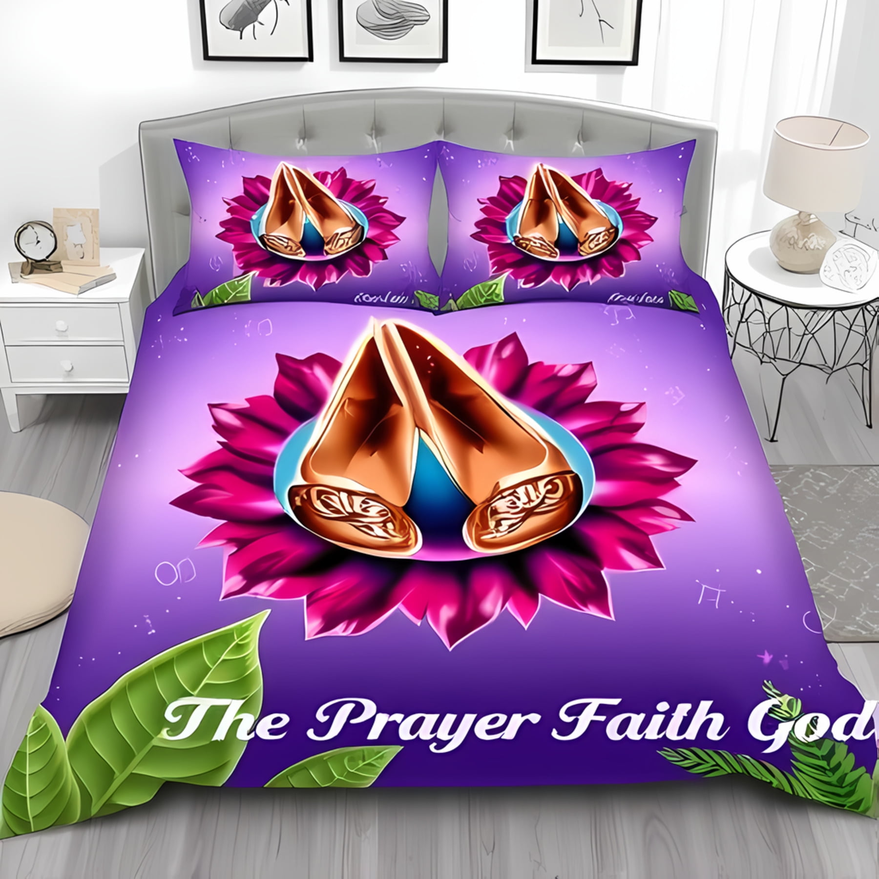 Vibrant 3-Piece Duvet Cover Set with Prayer Hands - Purple Pink & Green ...