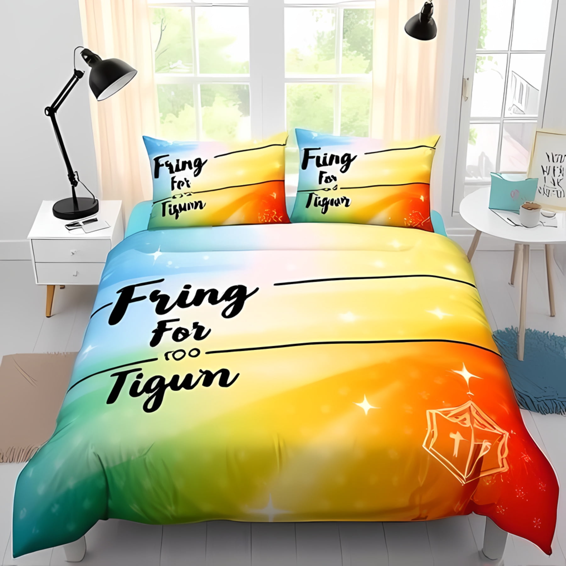 Vibrant 3-Piece Duvet Cover Set with Rainbow Gradient & Sparkling Stars ...