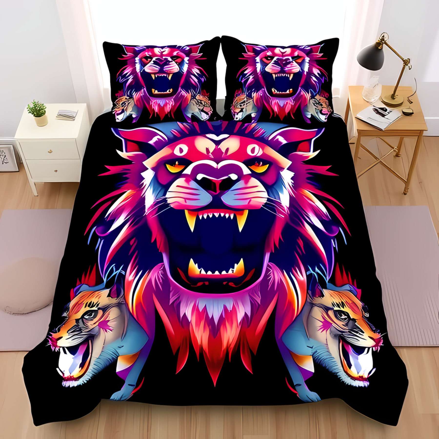Vibrant 3-Piece Duvet Cover Set with Roaring Lions - Bold Pop-Art ...