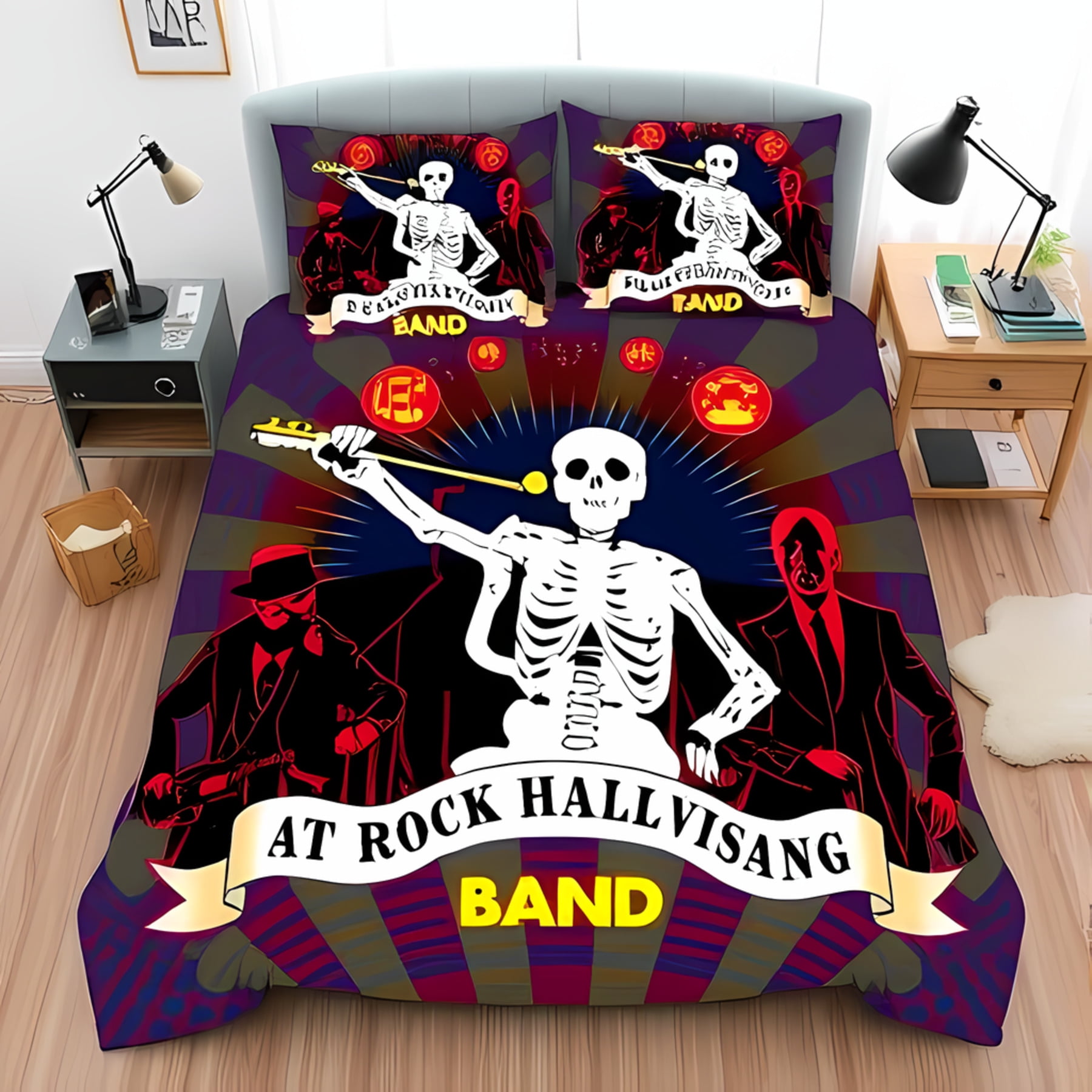 Vibrant 3-Piece Duvet Cover Set with Skeleton Band Design Colorful Rock ...