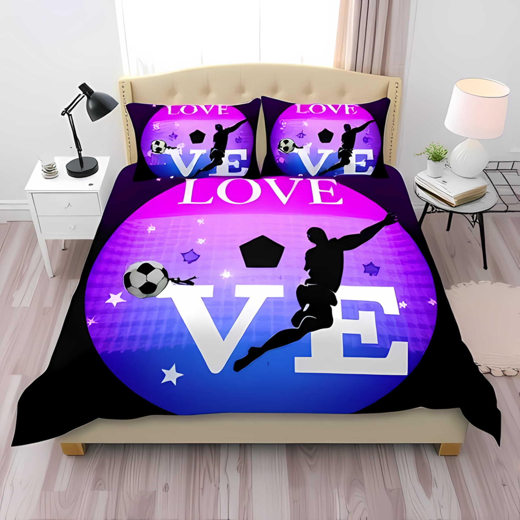 Vibrant 3-Piece Duvet Cover Set with Soccer Player Gradient Purple to ...
